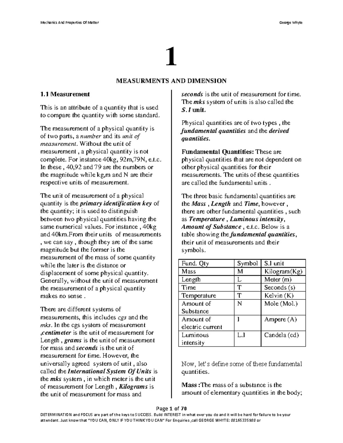 Mechanics And Properties Of Matter: Measurements, Vectors, and Units ...