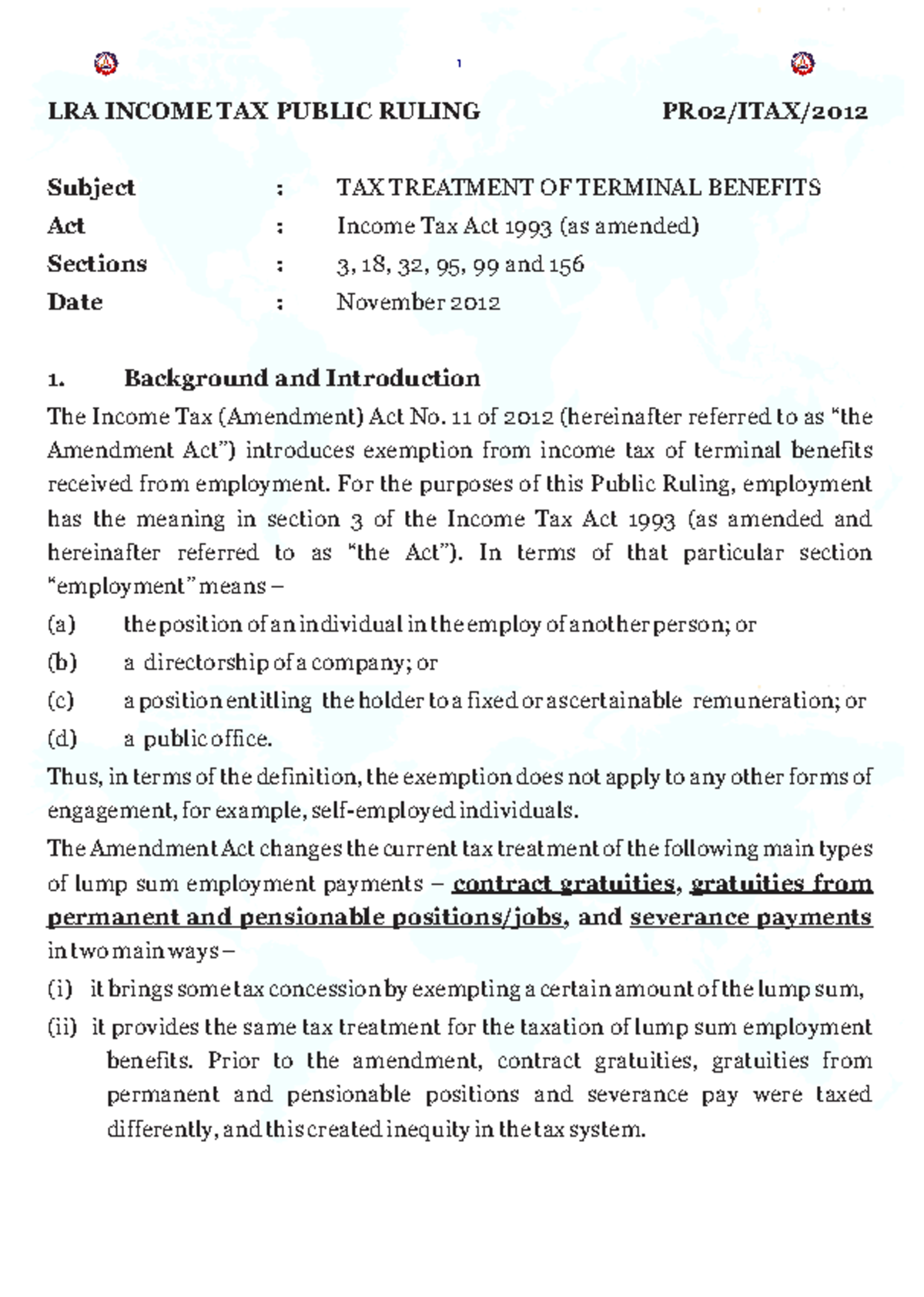 Tax Treatment of Terminal Benefits: LRA Income Tax Ruling 2012 - Studocu