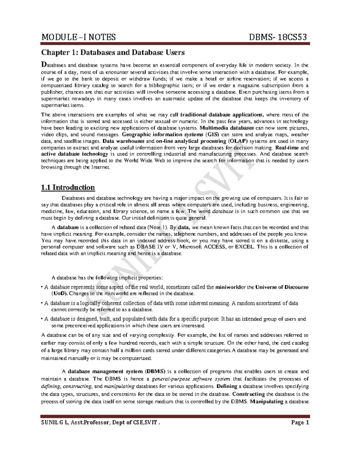 DBMS Module I: Introduction to Databases and Their Characteristics ...