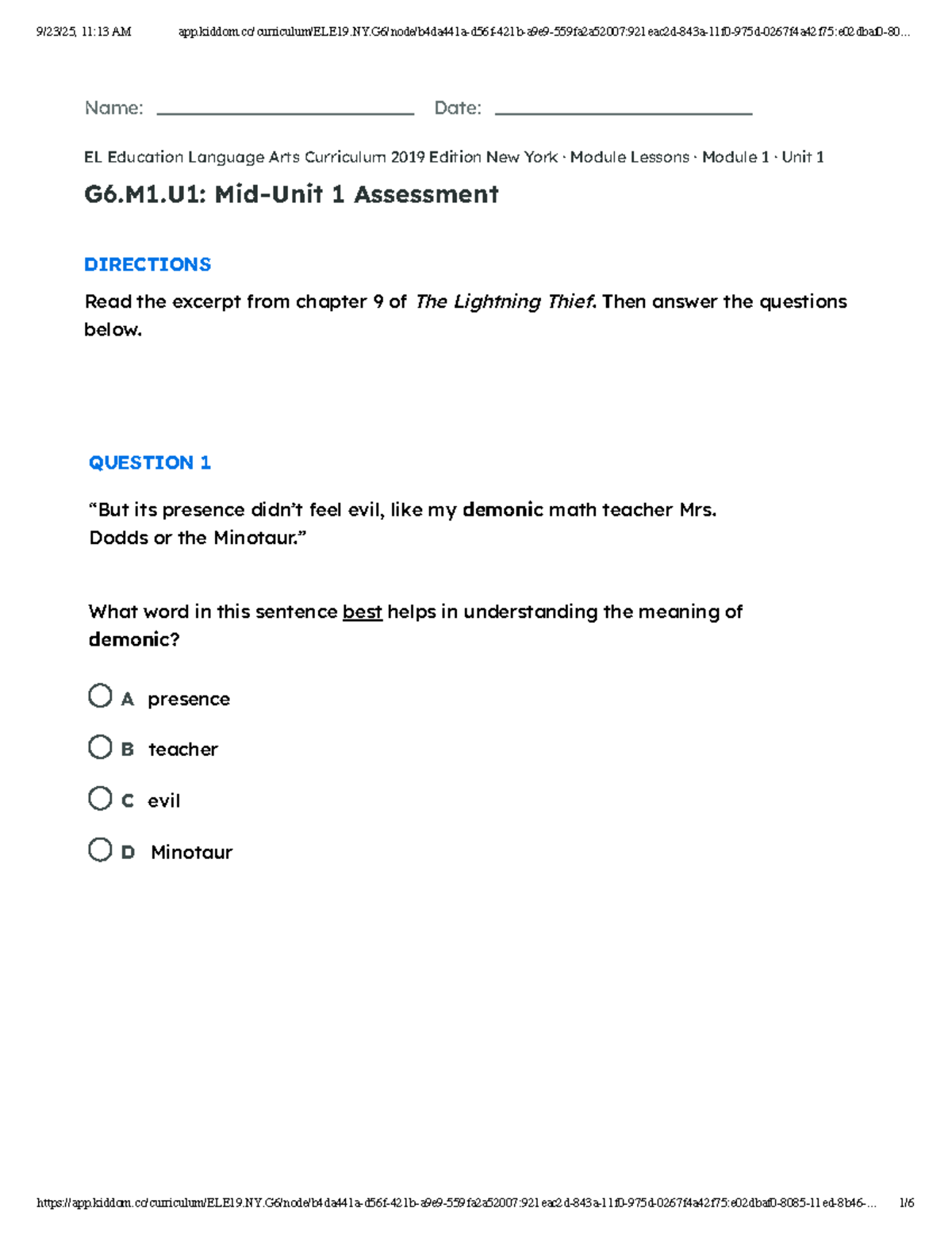 G6.M1.U1: Mid-Unit 1 Assessment on The Lightning Thief Excerpt - Studocu