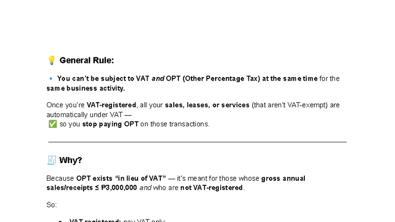 General Rule: VAT and OPT (Other Percentage Tax) Explained - Studocu