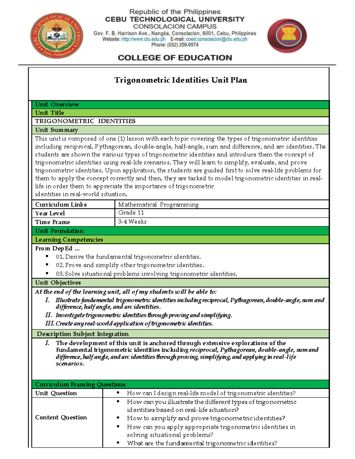Unit-Plan1 revised - Unit Plan sample - Trigonometric Identities Unit ...