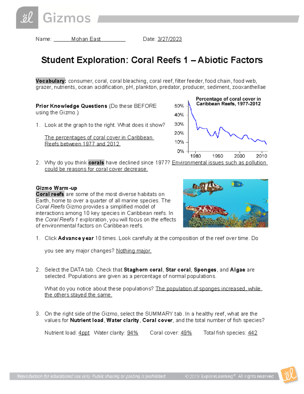 Coral Reef Gizmo - Name: Mohan East Date: 3/27/ Student Exploration ...