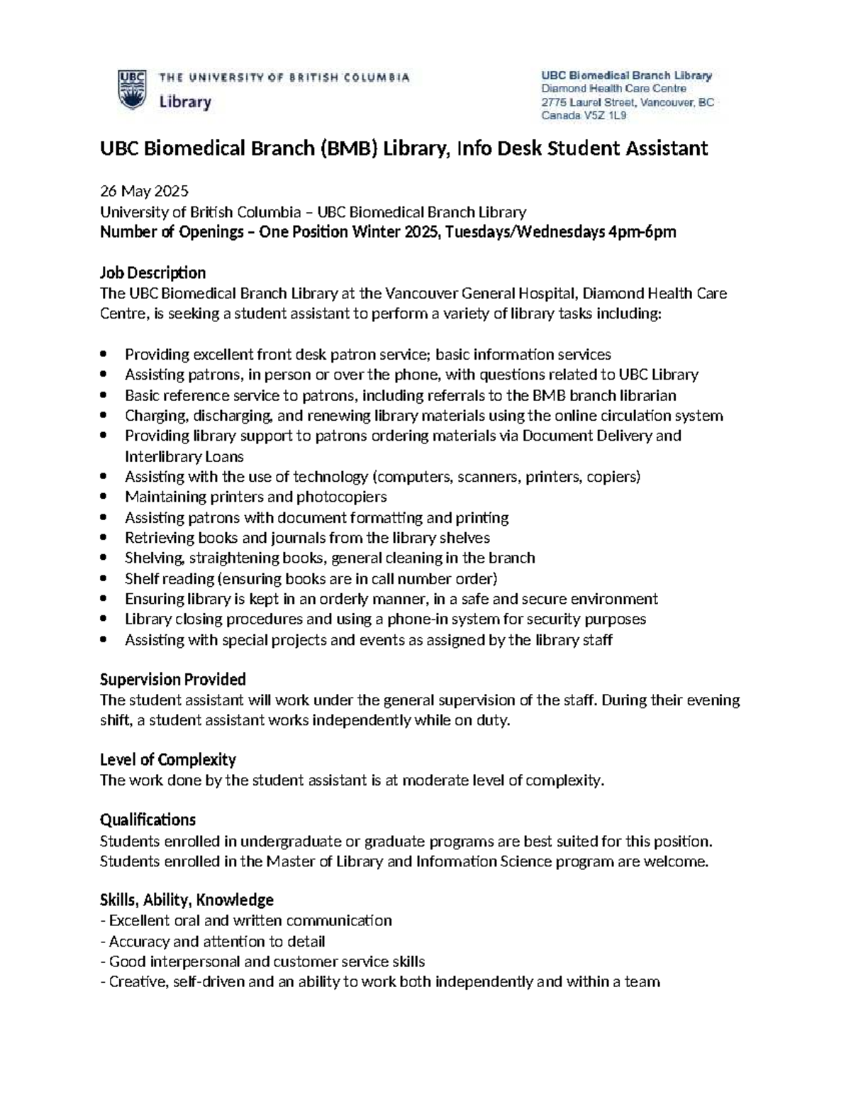UBC BMB Library Info Desk Student Assistant Job Description 2025 - Studocu