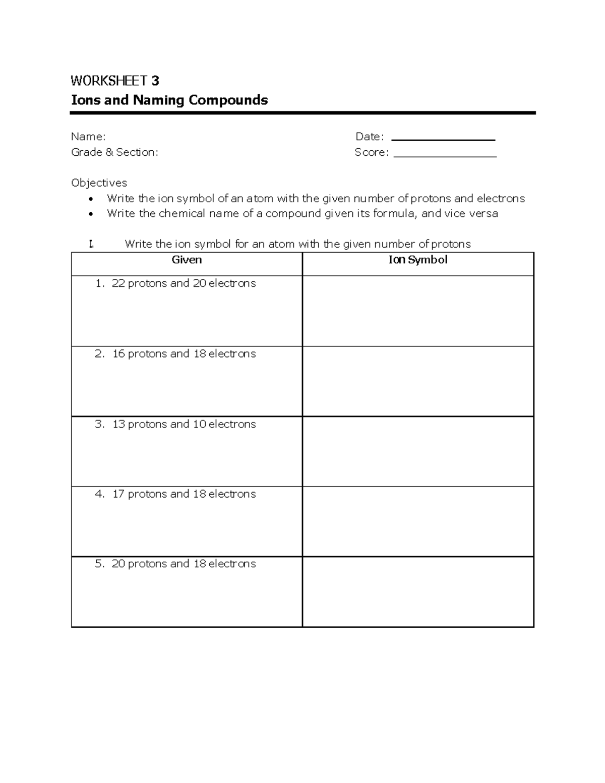 Worksheet 3 - Good luck - WORKSHEET 3 Ions and Naming Compounds Name ...
