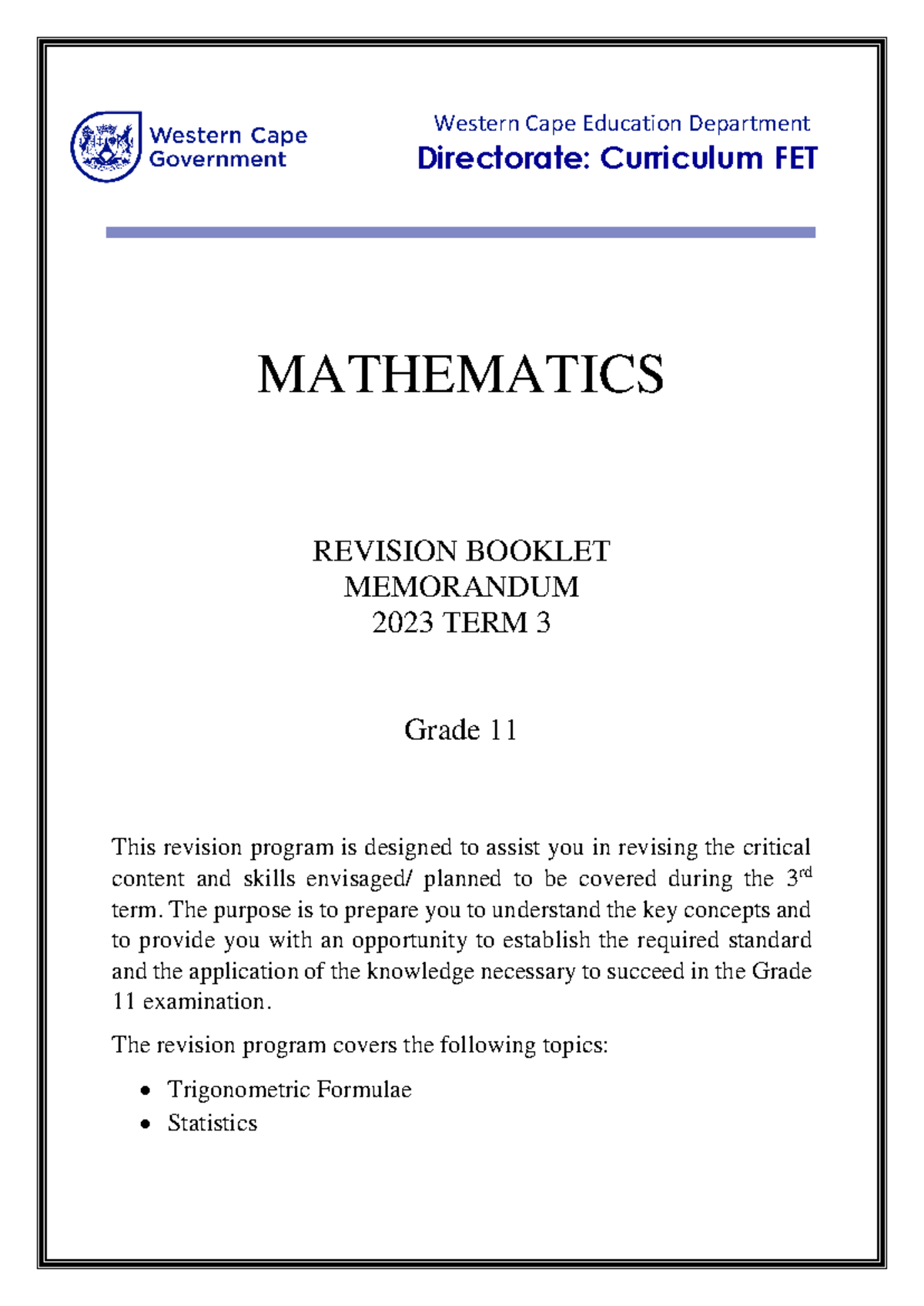Grade 11 Mathematics Term 3 Revision Memo 2023 - Studocu