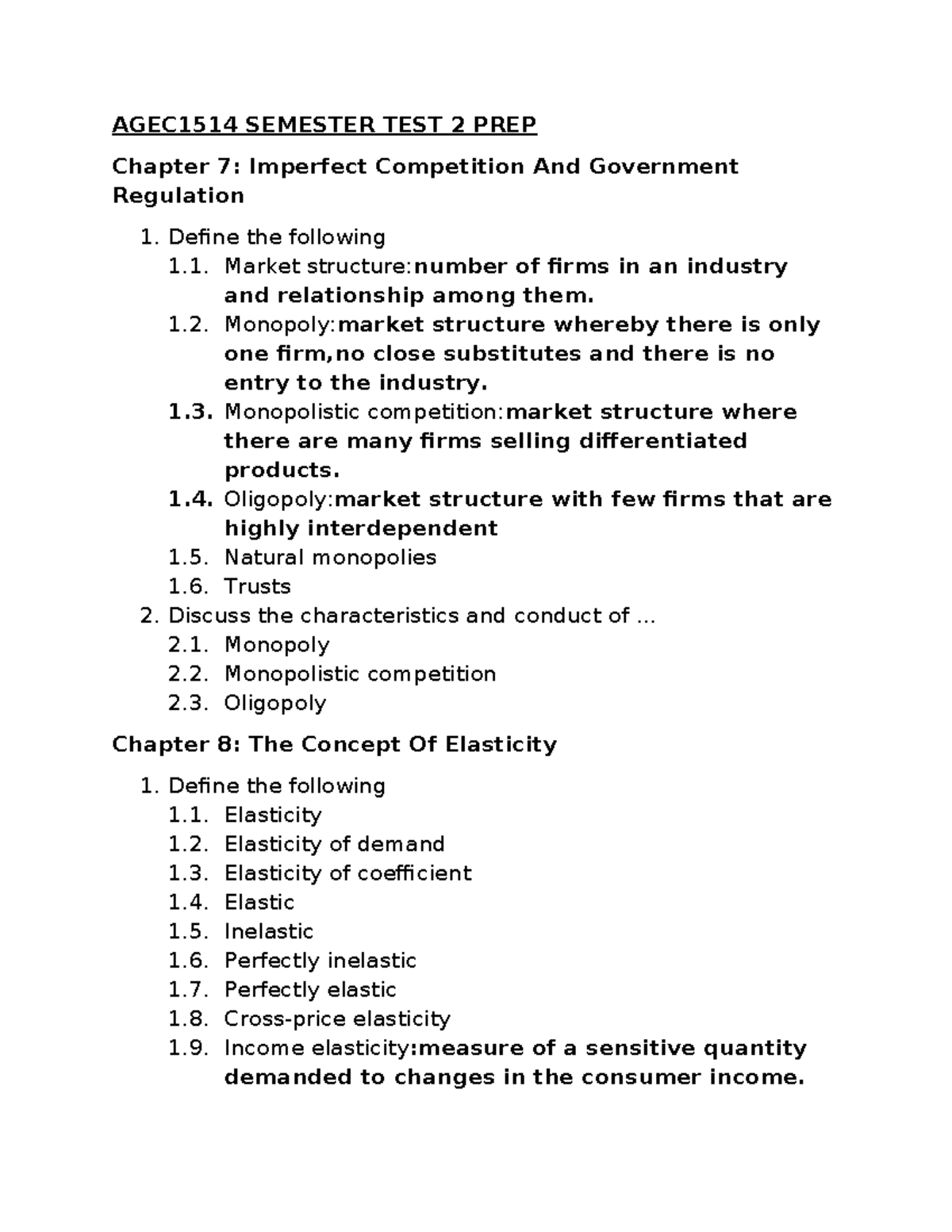 AGEC1514 Semester Test 2 Prep: Imperfect Competition & Elasticity ...