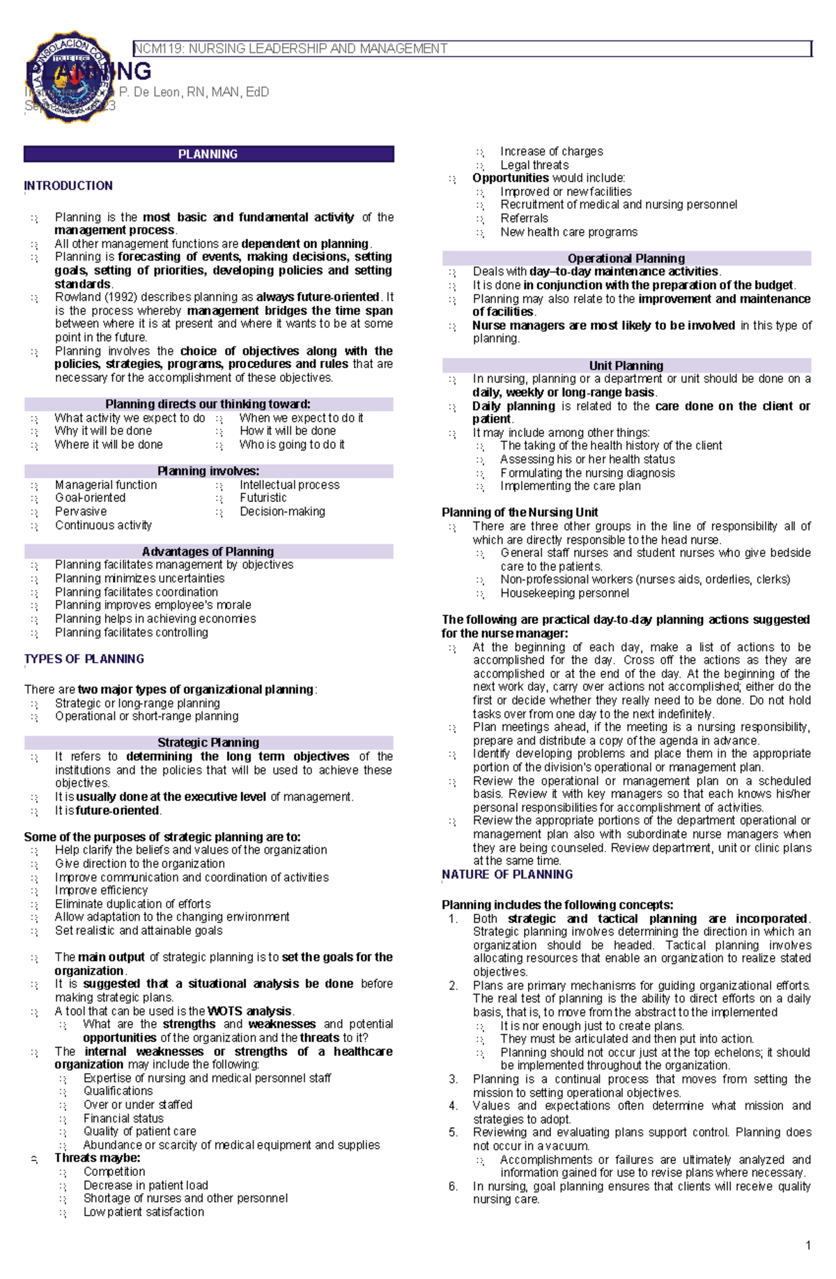 NCM119: Planning in Nursing Leadership & Management (Sept 2023) - Studocu