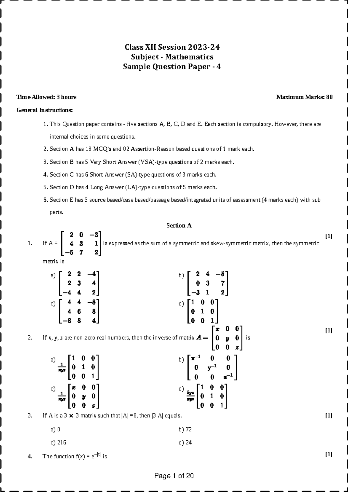 Class XII Mathematics Sample Question Paper 4 - Studocu