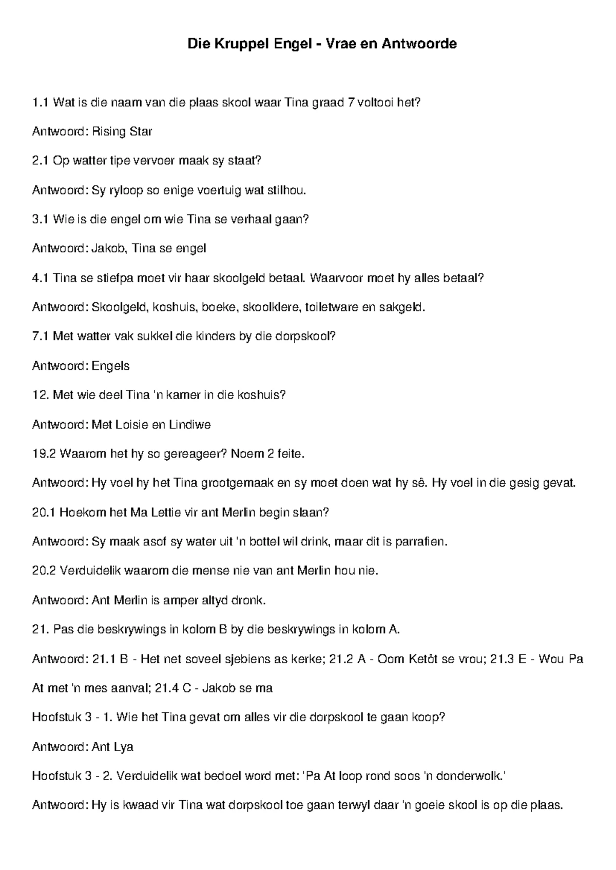 Die kruppel engel HOOFSTUK 1-14 vrae en antwoorde - Studocu