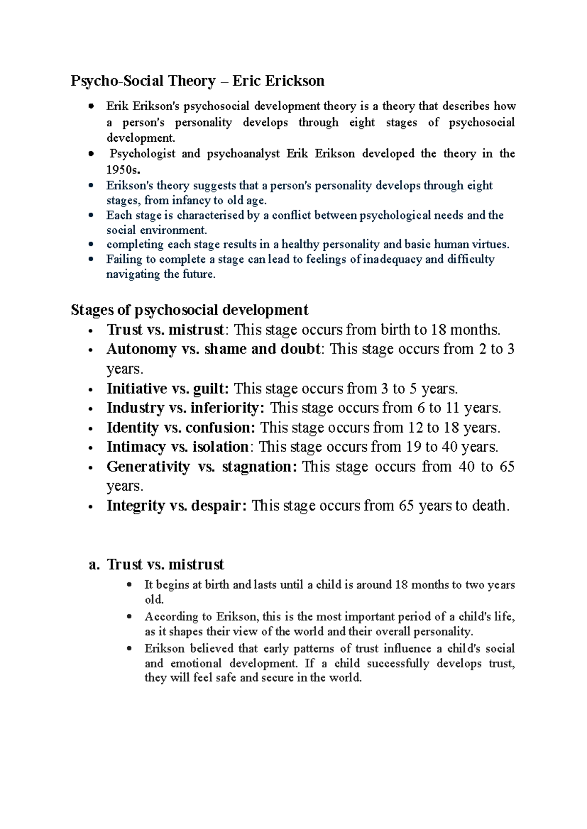 Erik Erikson S Psychosocial Development Theory Module 1 Notes Studocu