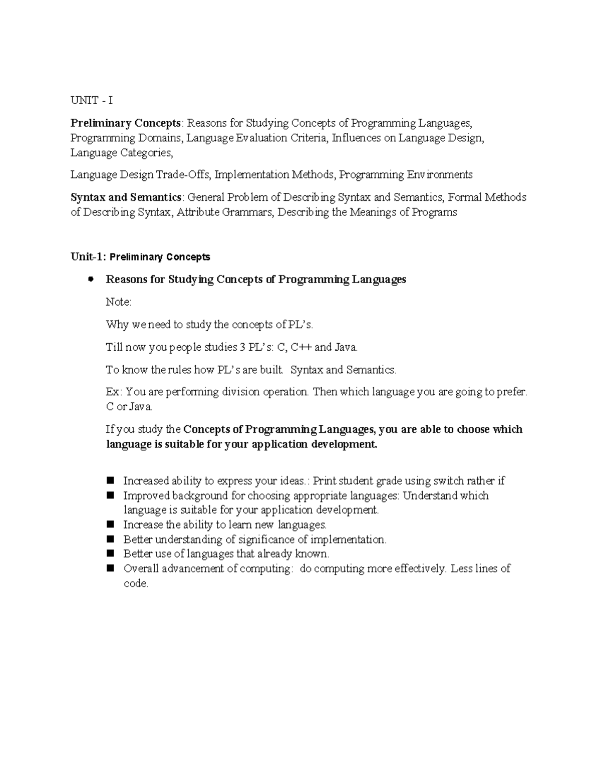 Unit-1: Seminar on Programming Language Concepts and Paradigms - Studocu