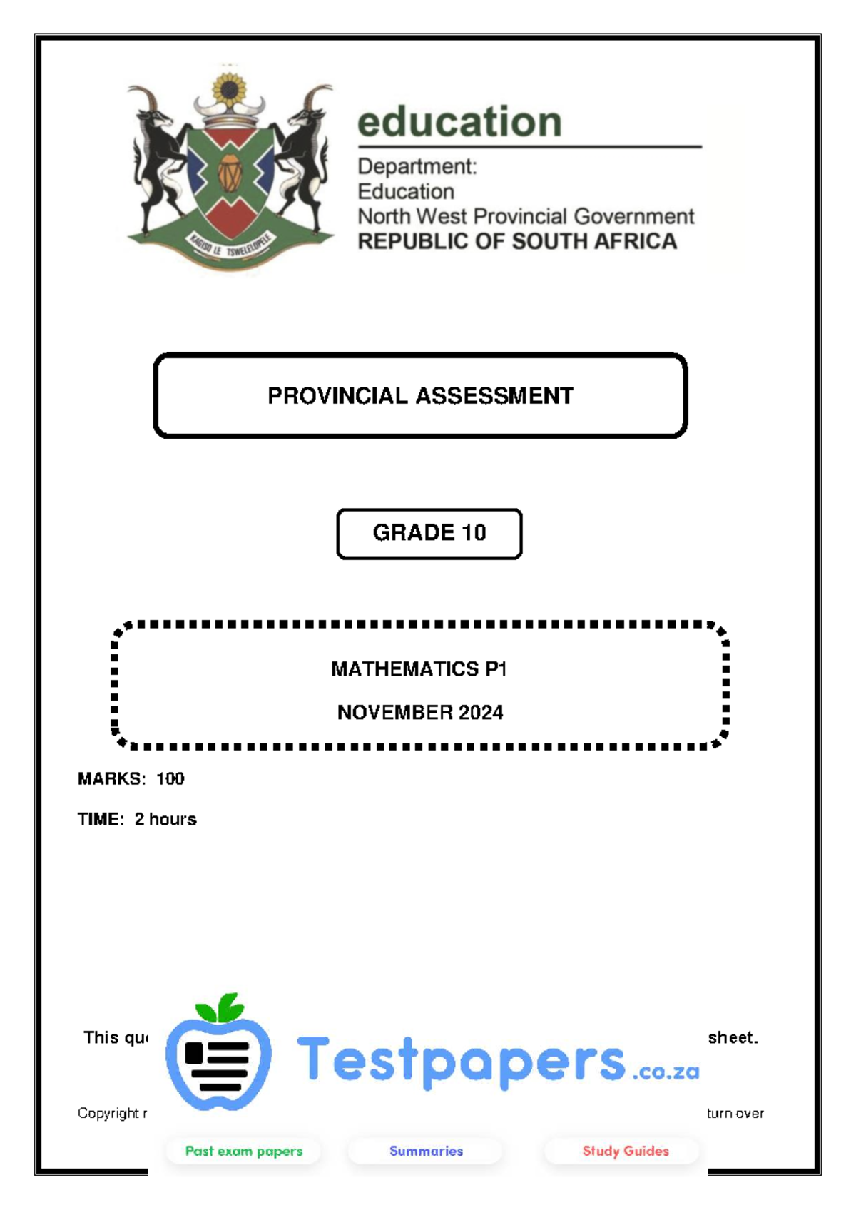 Grade 10 Mathematics P1 November 2024 Question Paper - Studocu