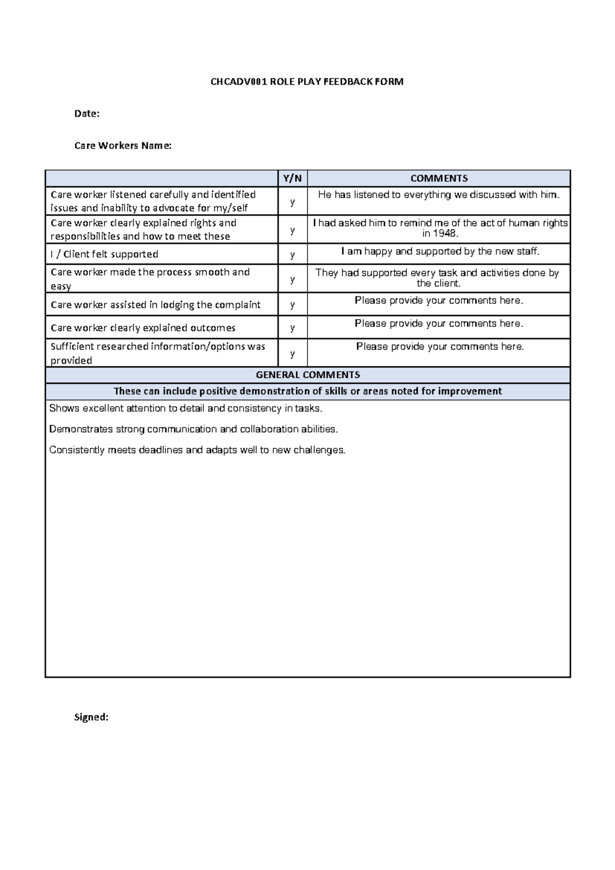 CHCADV001 Role Play Feedback Form - Editable PDF - Assessment Tool ...