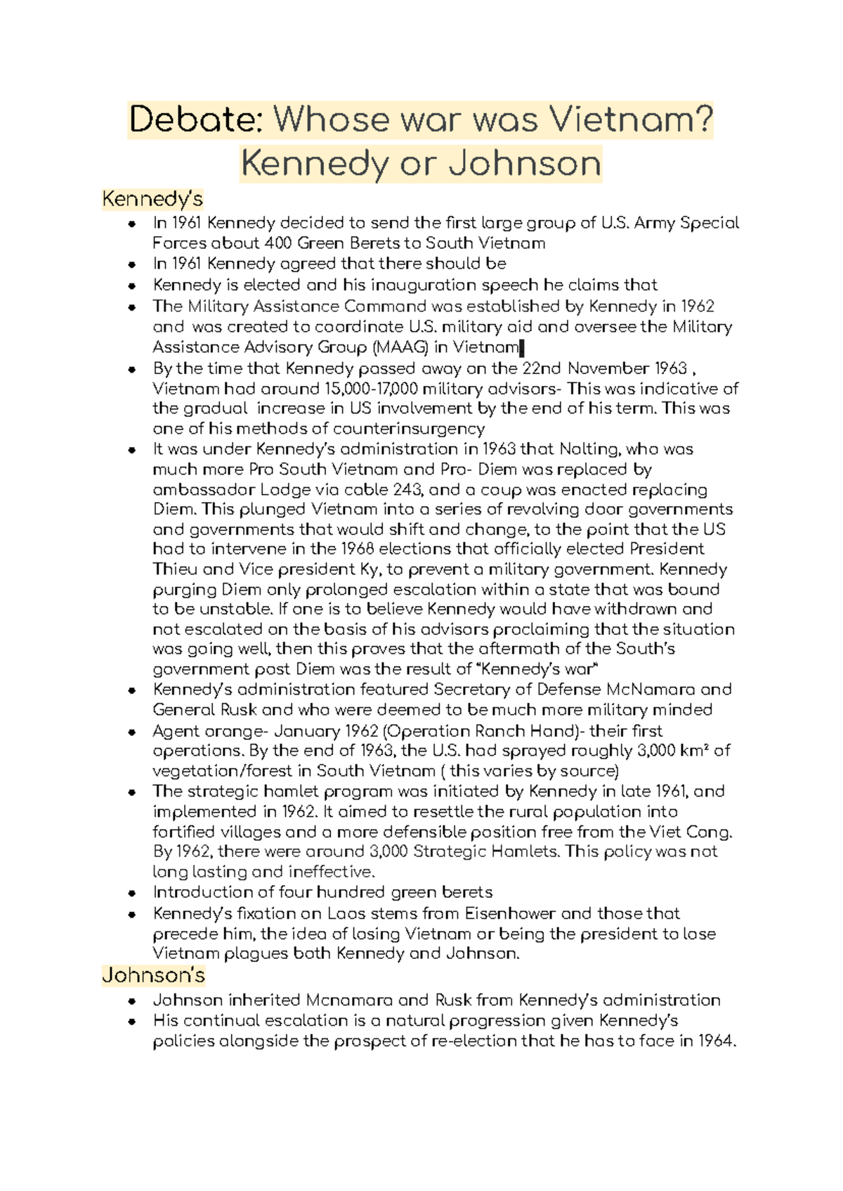 Debate: Whose War Was Vietnam? Kennedy vs. Johnson Analysis - Studocu