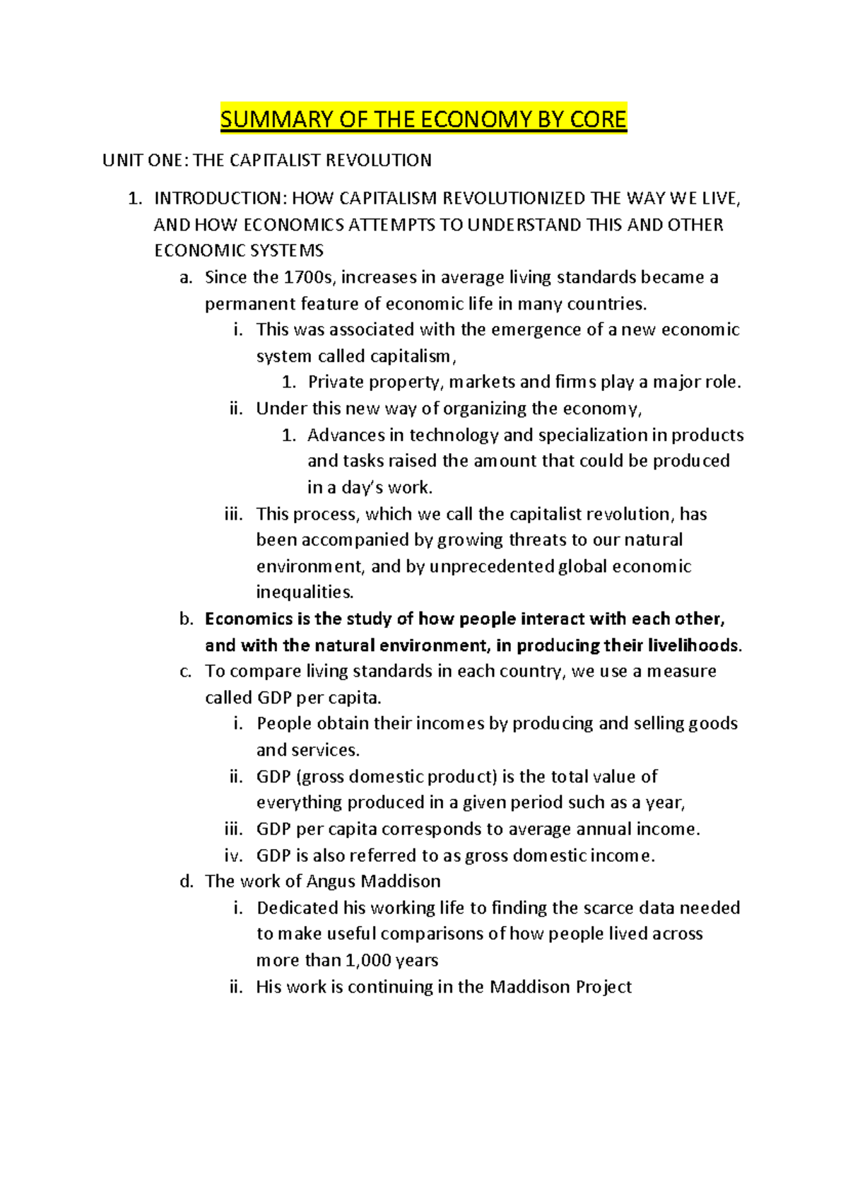 Eco 114 Notes lmna1k - SUMMARY OF THE ECONOMY BY CORE UNIT ONE: THE ...