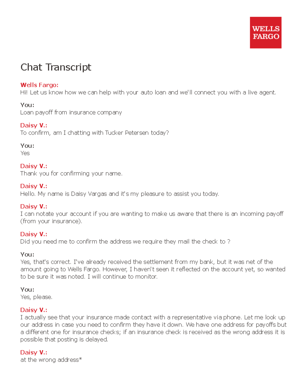 Wells Fargo Auto Loan Inquiry Chat Transcript: Insurance Payment ...