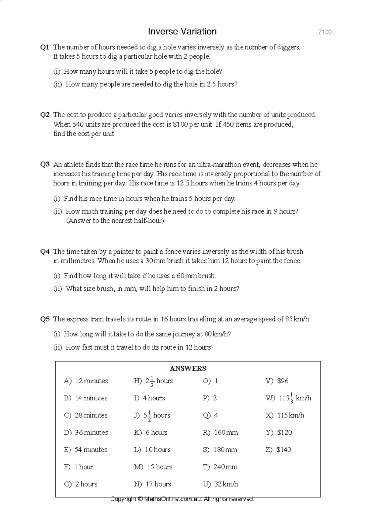 Inverse Variation Practice Sheet 7100 - Studocu