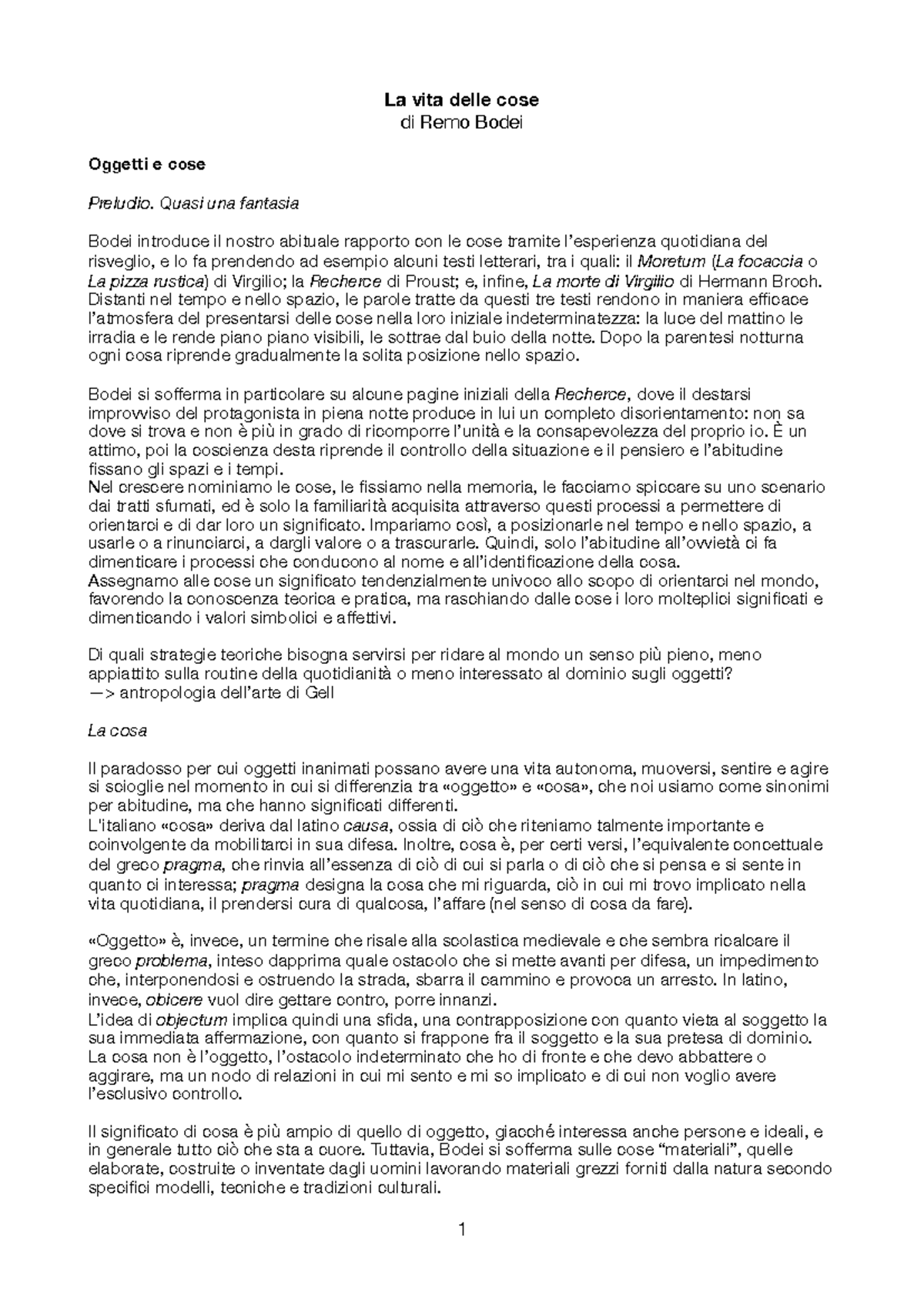 "Analisi di 'La vita delle cose' di Remo Bodei: Riflessioni e ...