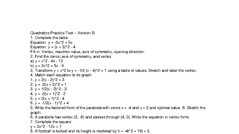 Quadratics Test Version B - Quadratics Practice Test – Version B ...