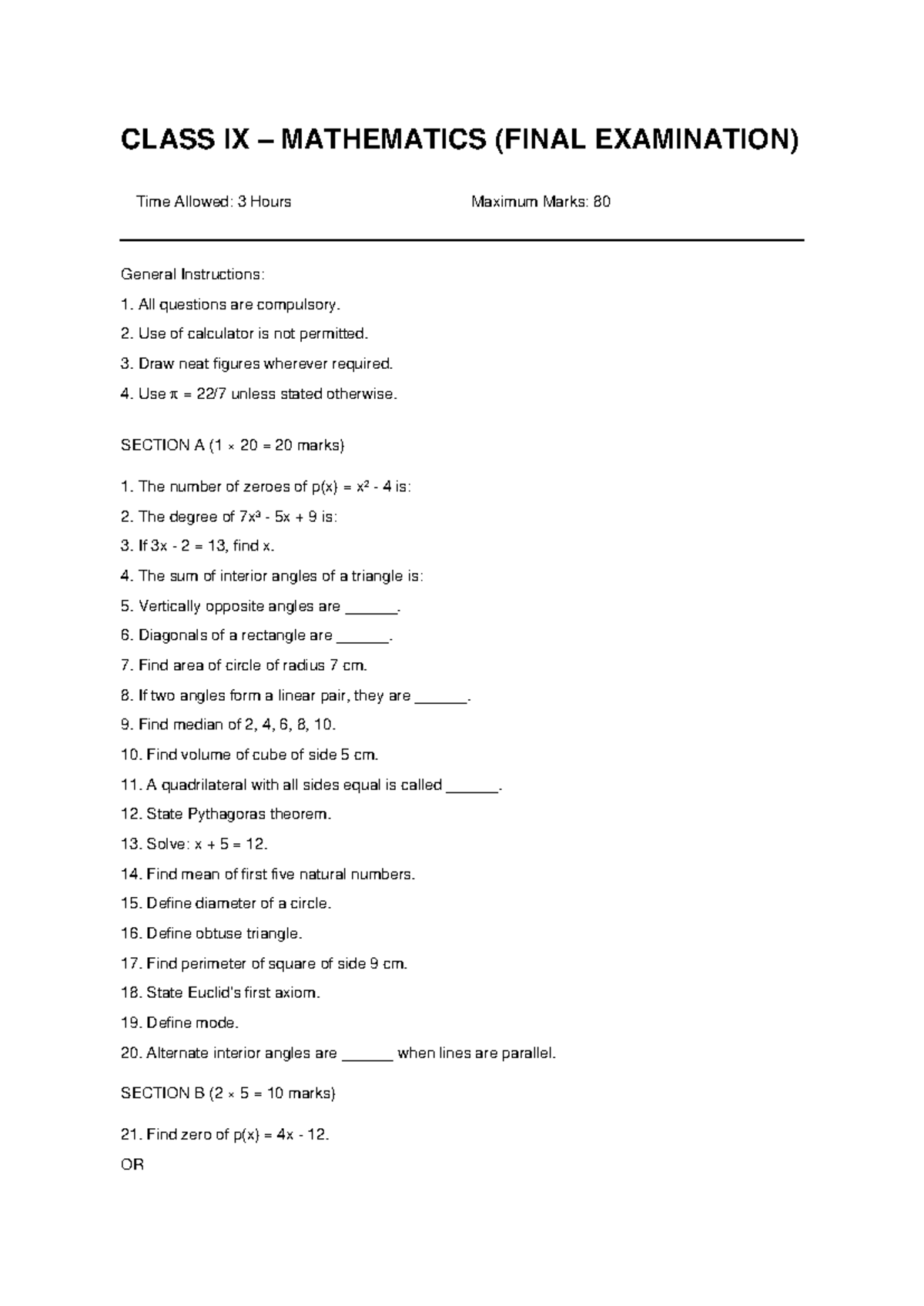 CLASS IX MATHEMATICS (FINAL EXAM) - HARD VERSION QUESTIONS - Studocu