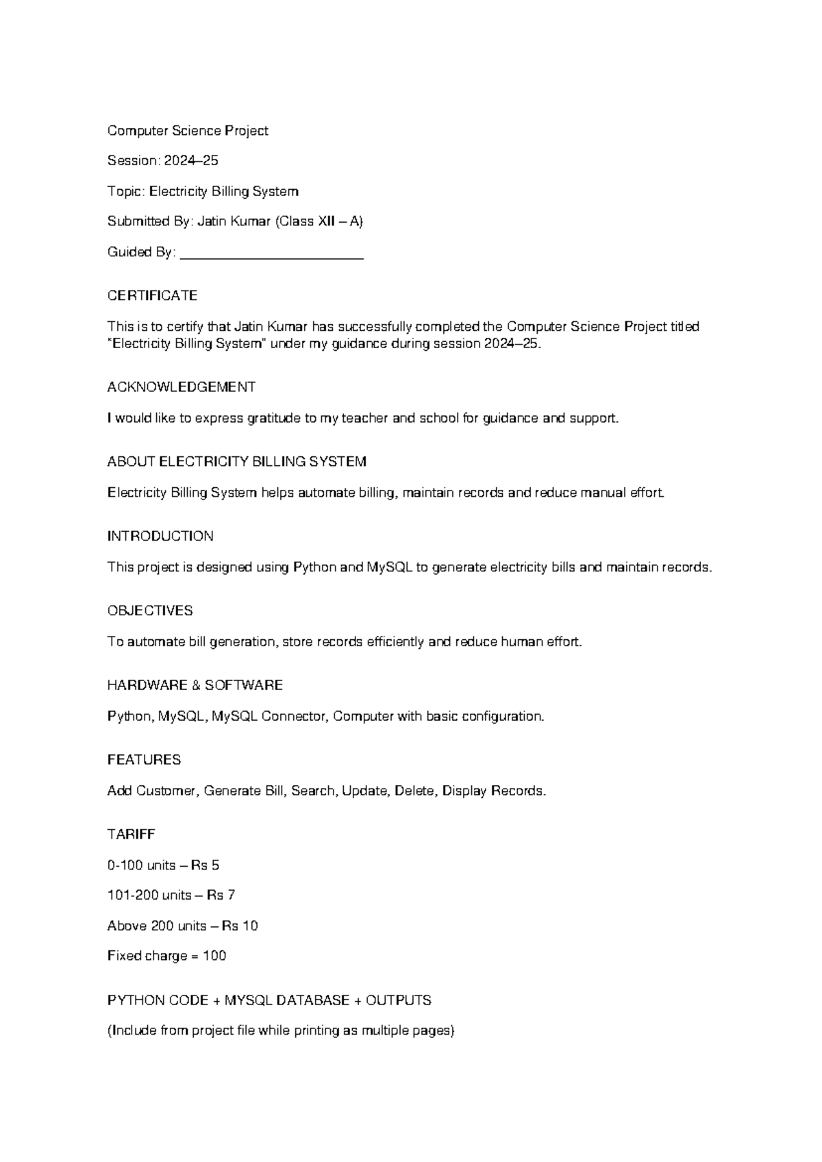 Computer Science Project: Electricity Billing System (Class XII A ...