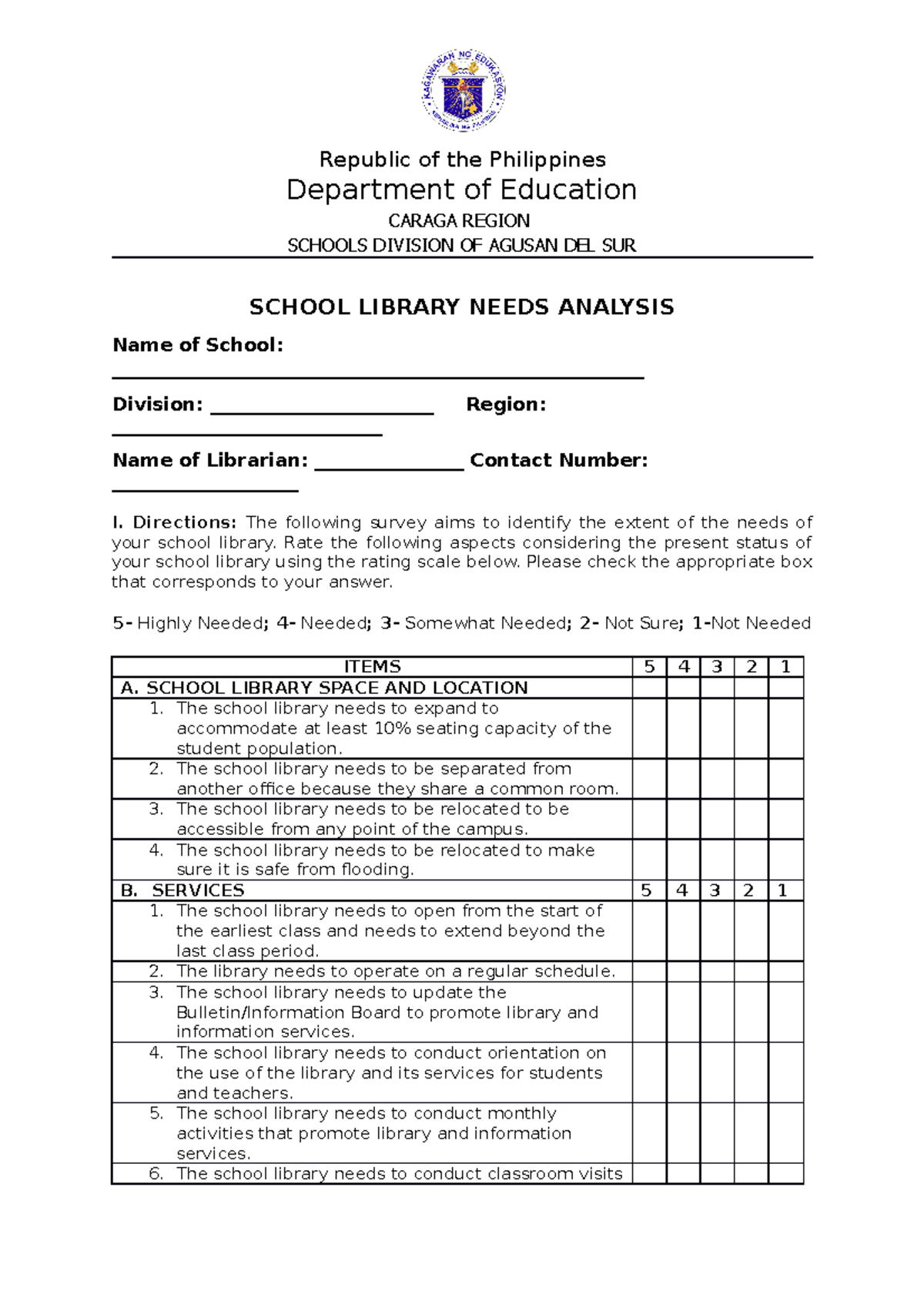 School Library Needs Analysis Survey - CARAGA Region - Studocu
