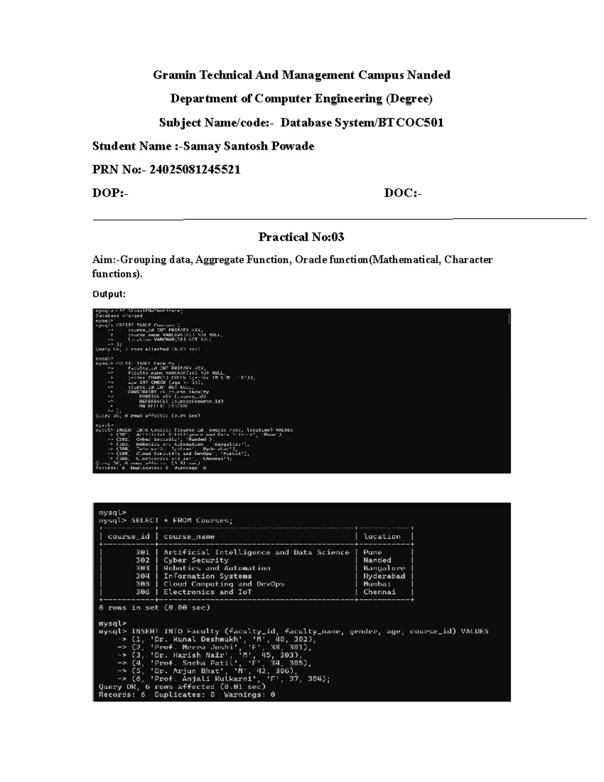 DBMS 3 - dbms practical - Information technology - Gramin Technical And ...