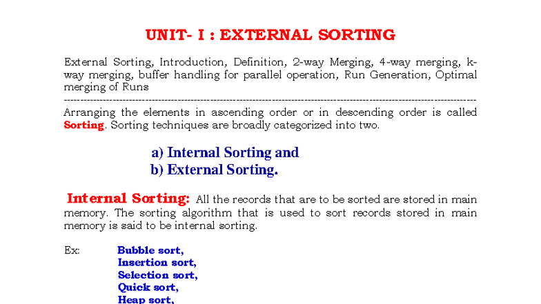 Unit 1: External Sorting Techniques in Advanced Data Structures (CSE II ...
