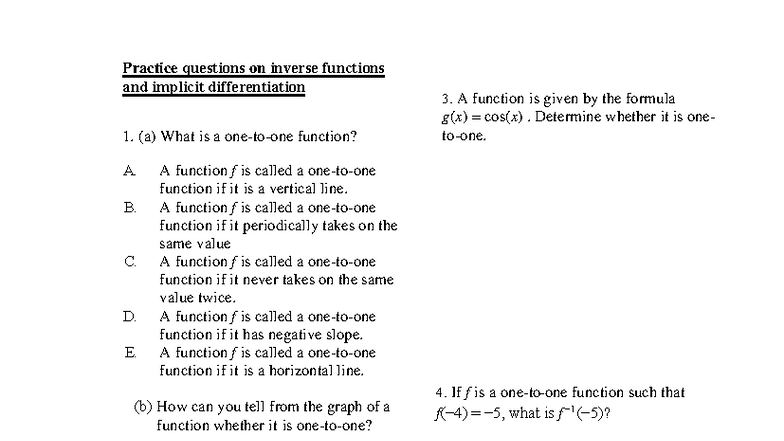 Practice Questions on Inverse Functions & Implicit Differentiation ...