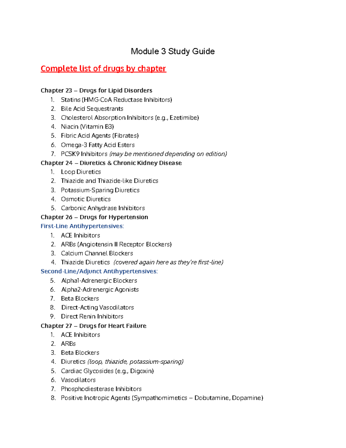 Module 3 Study Guide: Comprehensive Overview of Cardiovascular Drugs ...