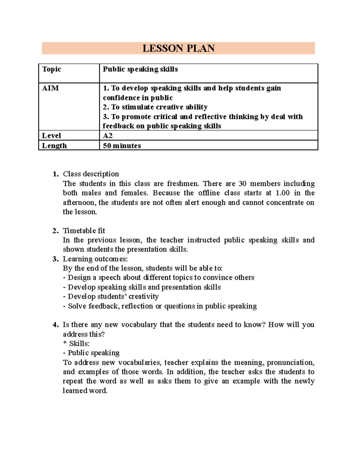 Lesson Plan: Public Speaking Skills for A-Level Students - Studocu