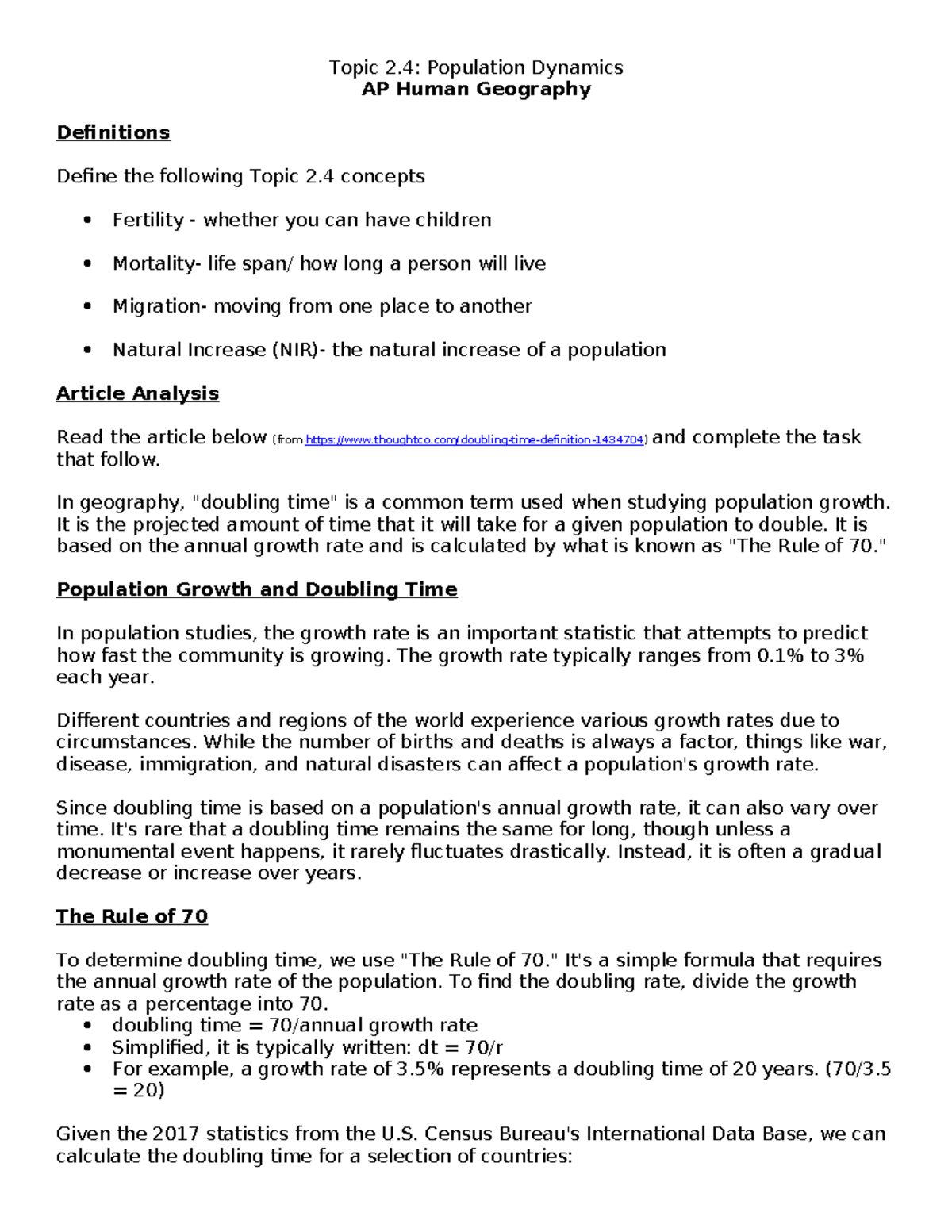 AP Human Geography: Topic 2.4 Activity - Population Dynamics Analysis ...