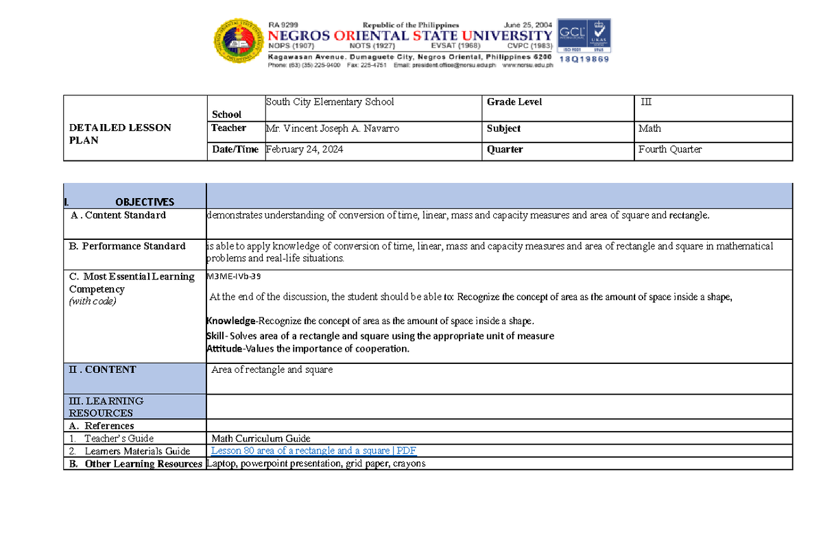 Area Day 1 Q4 Week 5 - Lesson plan - DETAILED LESSON PLAN School South ...