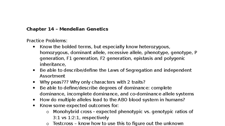 Mendelian & Non-Mendelian Genetics Practice Problems (BIO101) - Studocu
