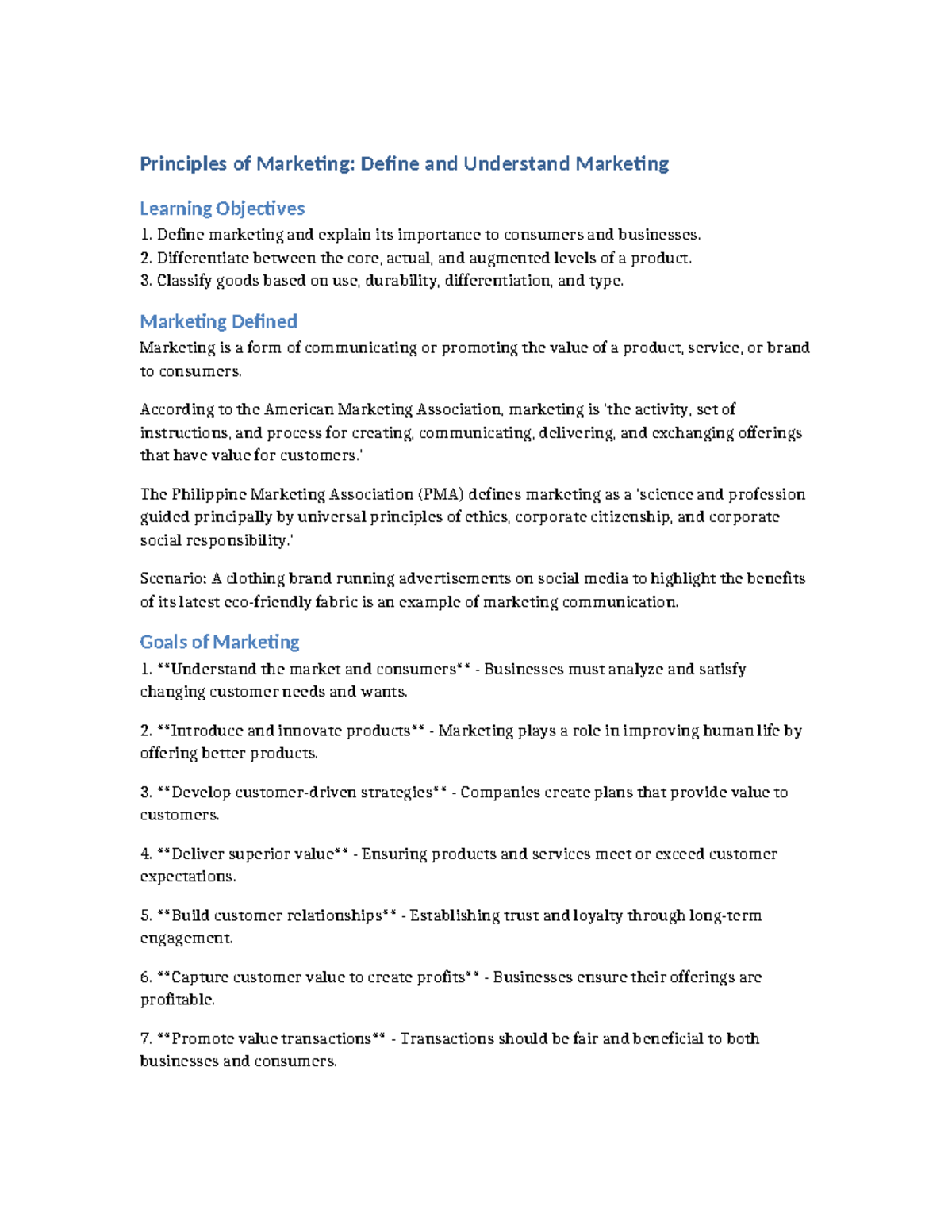 Principles of Marketing (MKT-101) Understanding Key Concepts and Goals - Studocu