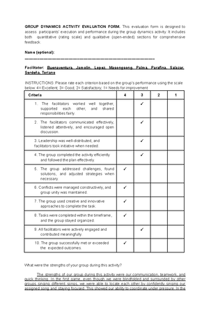 GROUP DYNAMICS ACTIVITY EVALUATION FORM - EVAL 4th Game - Studocu