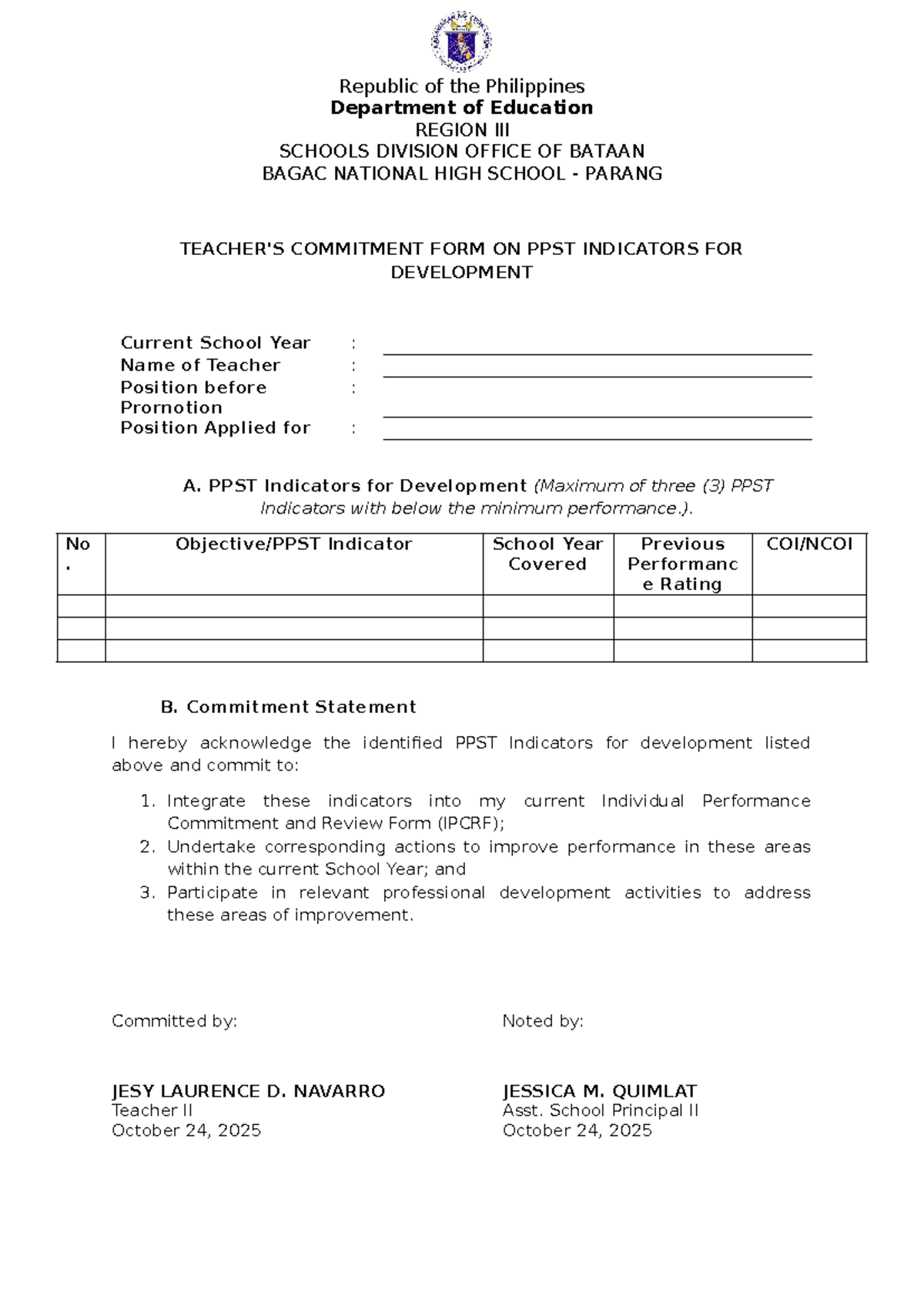 PPST Commitment Form for Teacher Development - Sample Document - Studocu