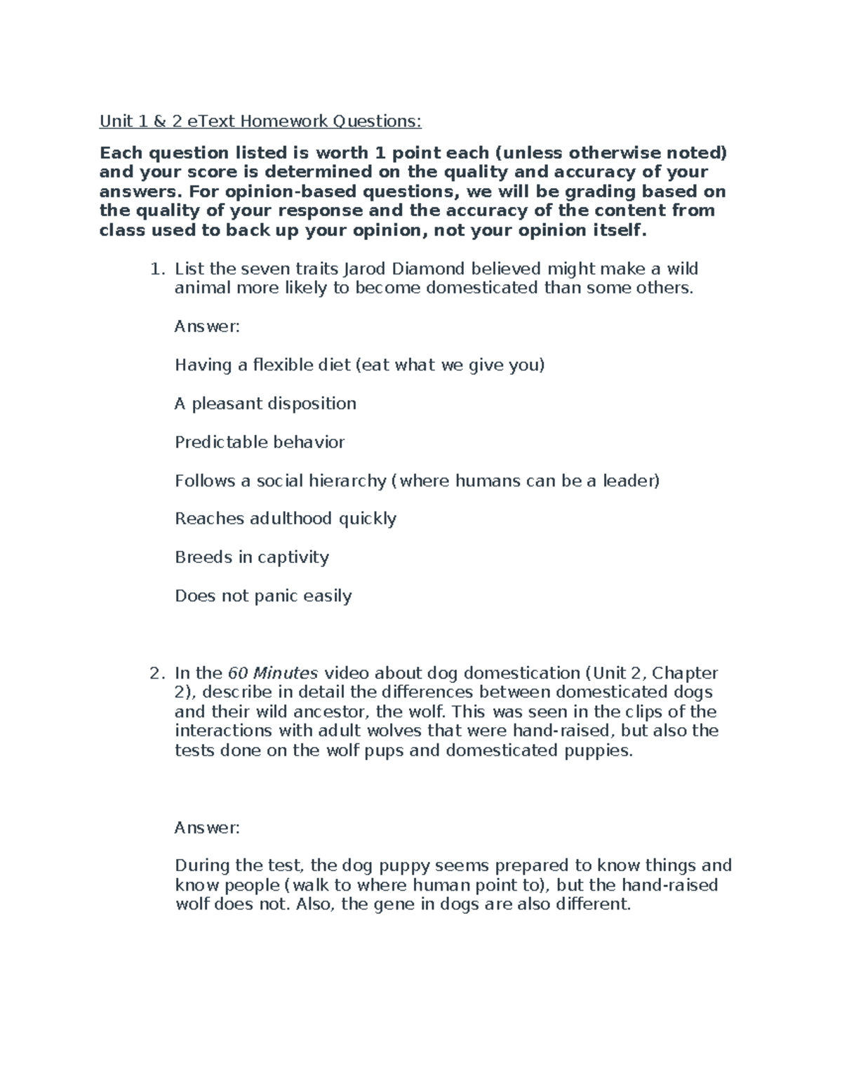 ANSC 250 Homework 1: Understanding Animal Domestication Traits - Studocu