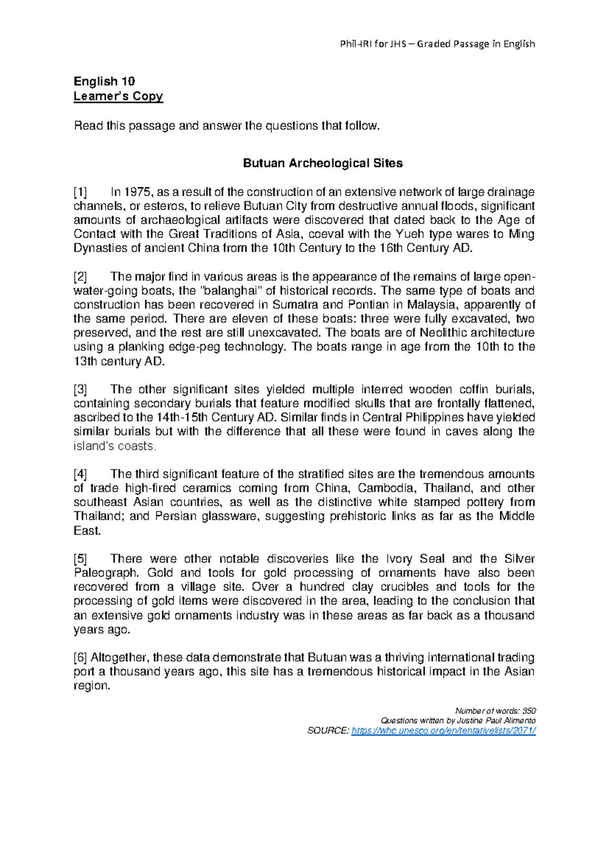 English 10 Final Exam Learner's Copy: Butuan Archaeological Insights ...