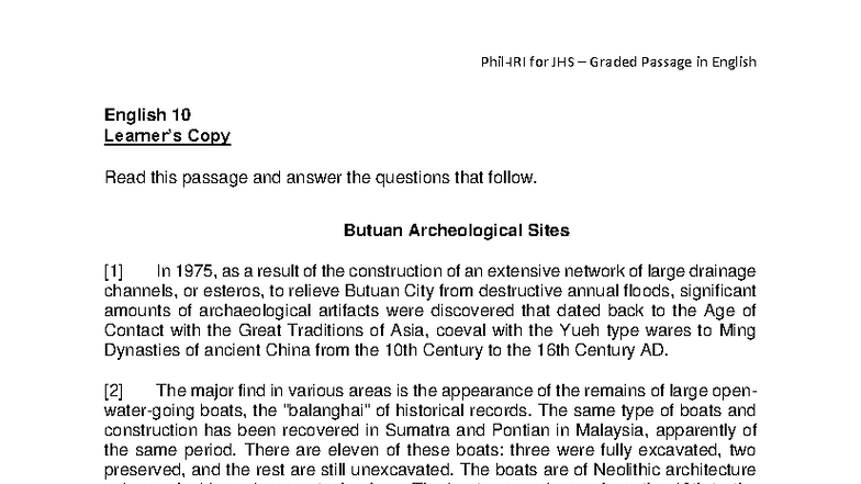 English 10 Final Exam Learner's Copy: Butuan Archaeological Insights ...