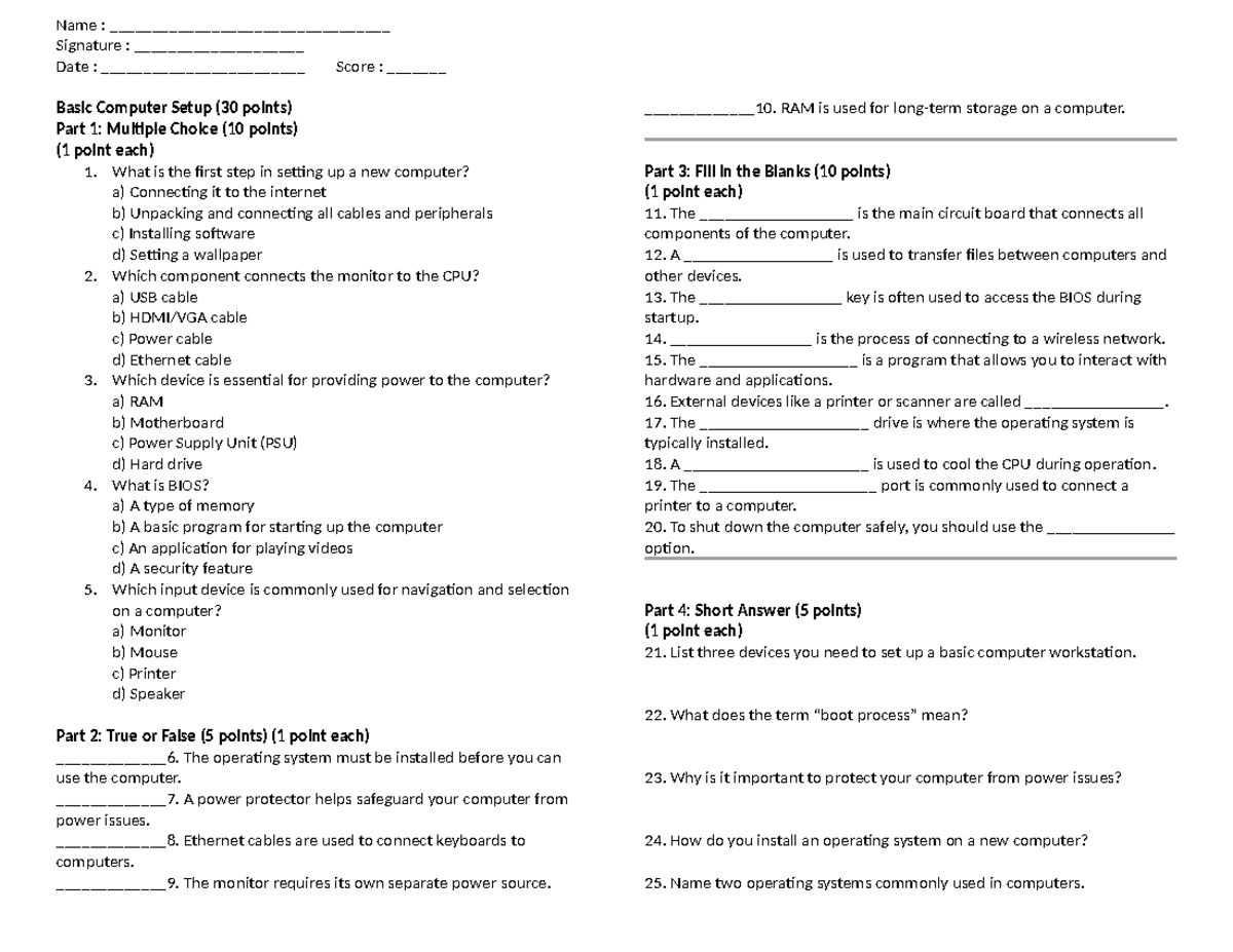 Basic Quiz 1 - Computer Setup Quiz (30 Points) - Studocu