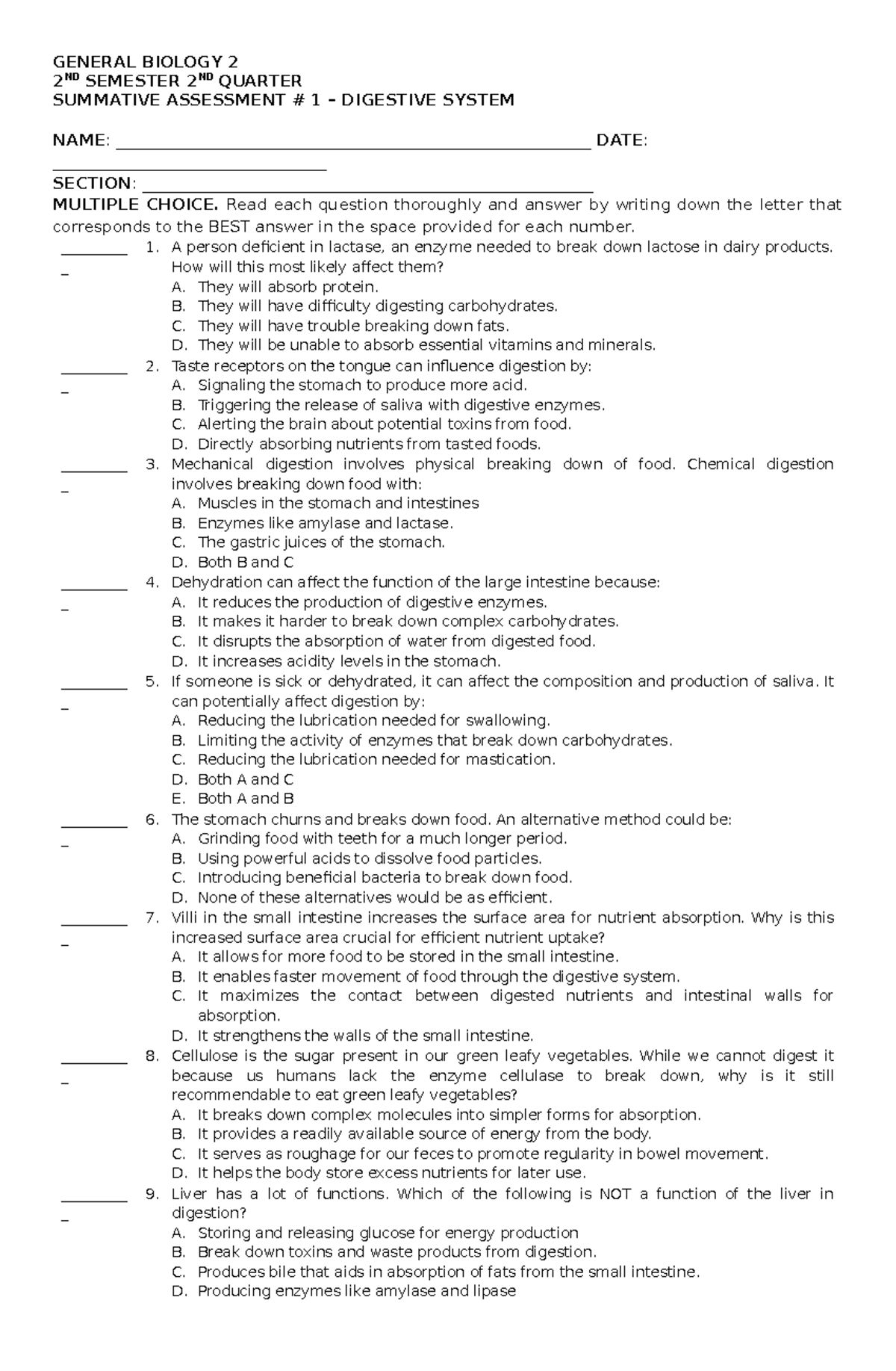 GENERAL BIOLOGY 2 2ND SEMESTER DIGESTIVE SYSTEM QUIZ 1 - Studocu