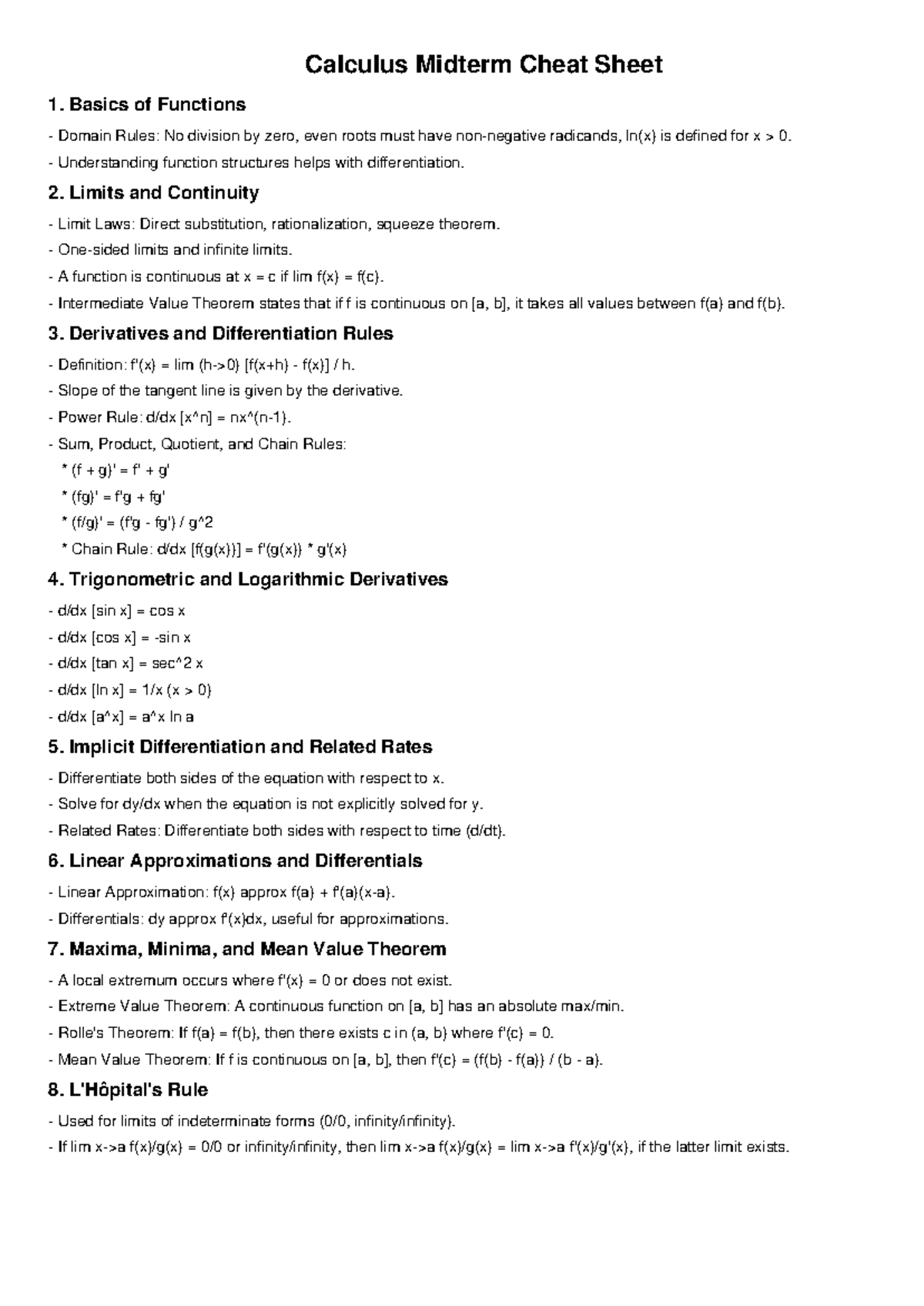 Calculus Cheat Sheet - Calculus Midterm Cheat Sheet 1. Basics of Functions Domain Rules: No ...