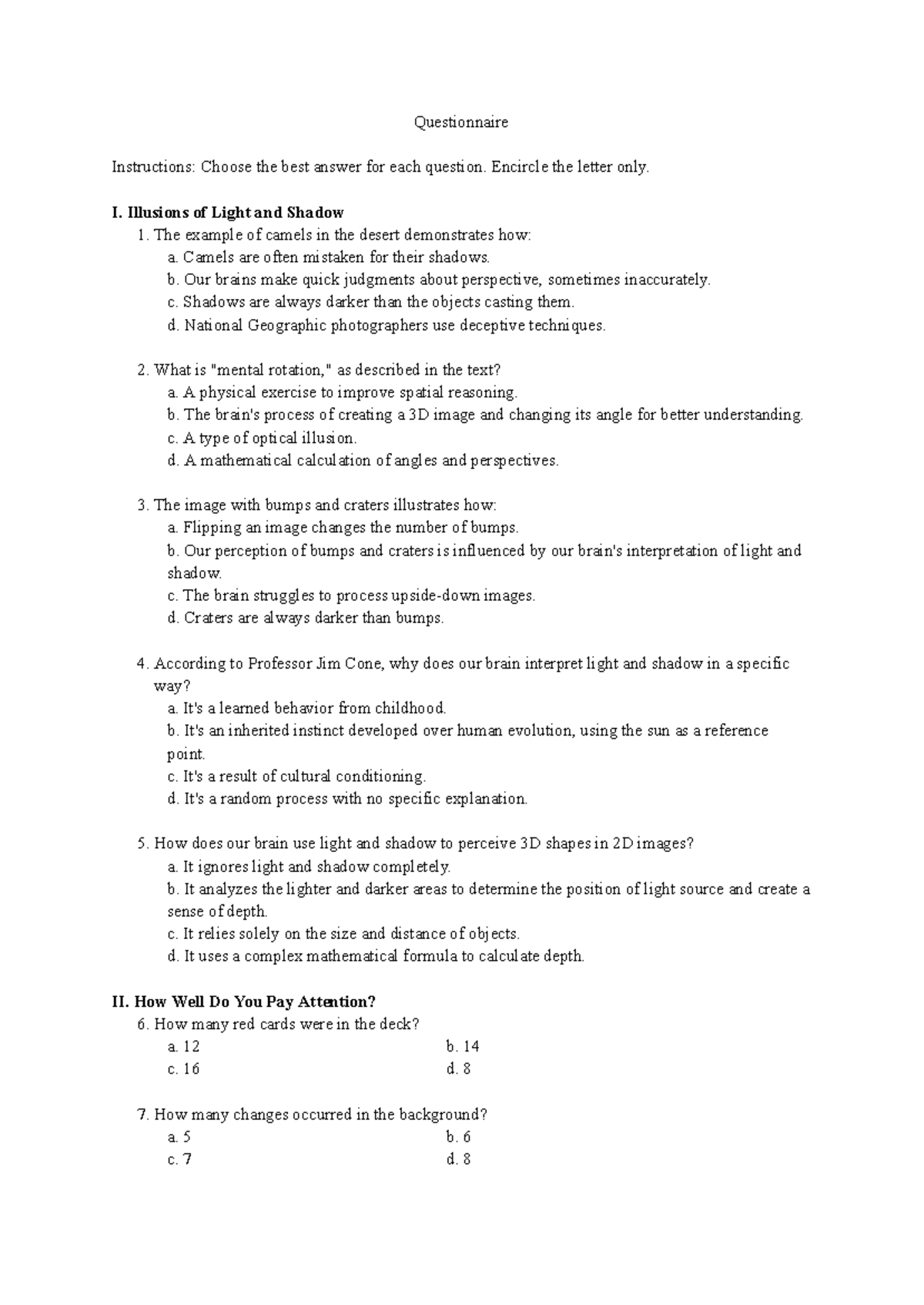 Mental Rotation Questionnaire: Understanding Light, Shadow, and ...