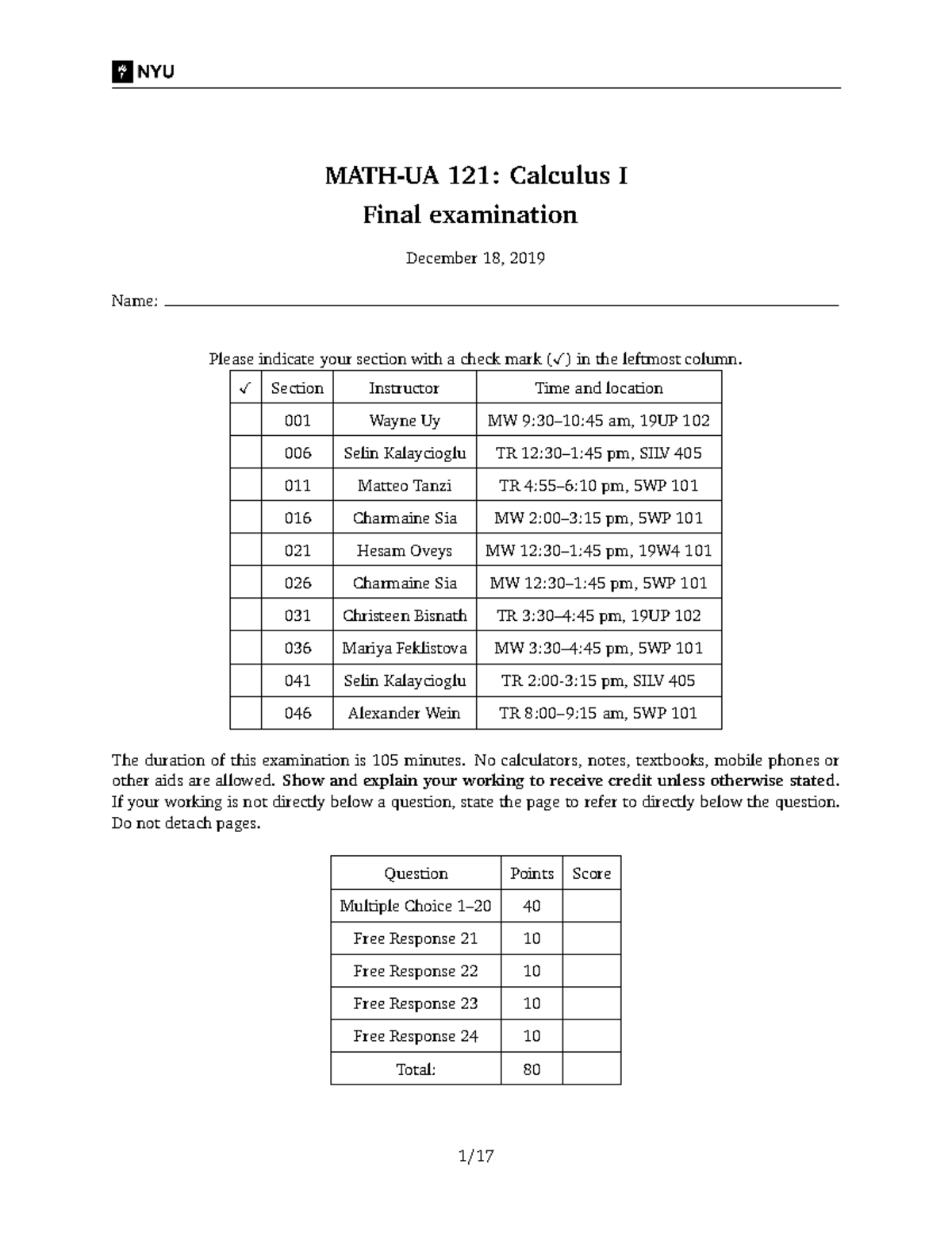 Calculus 1 Final 2019 Fall - Final examination December 18, 2019 Name ...