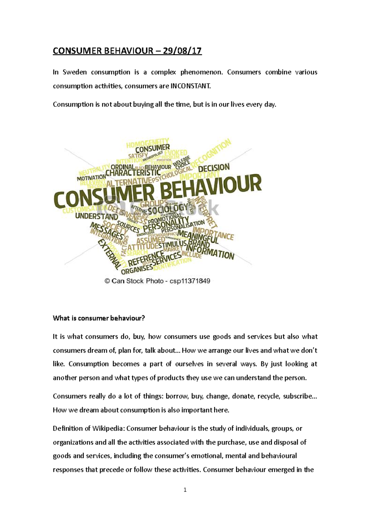 Consumer behaviour notes - CONSUMER BEHAVIOUR – 29/08/ In Sweden ...
