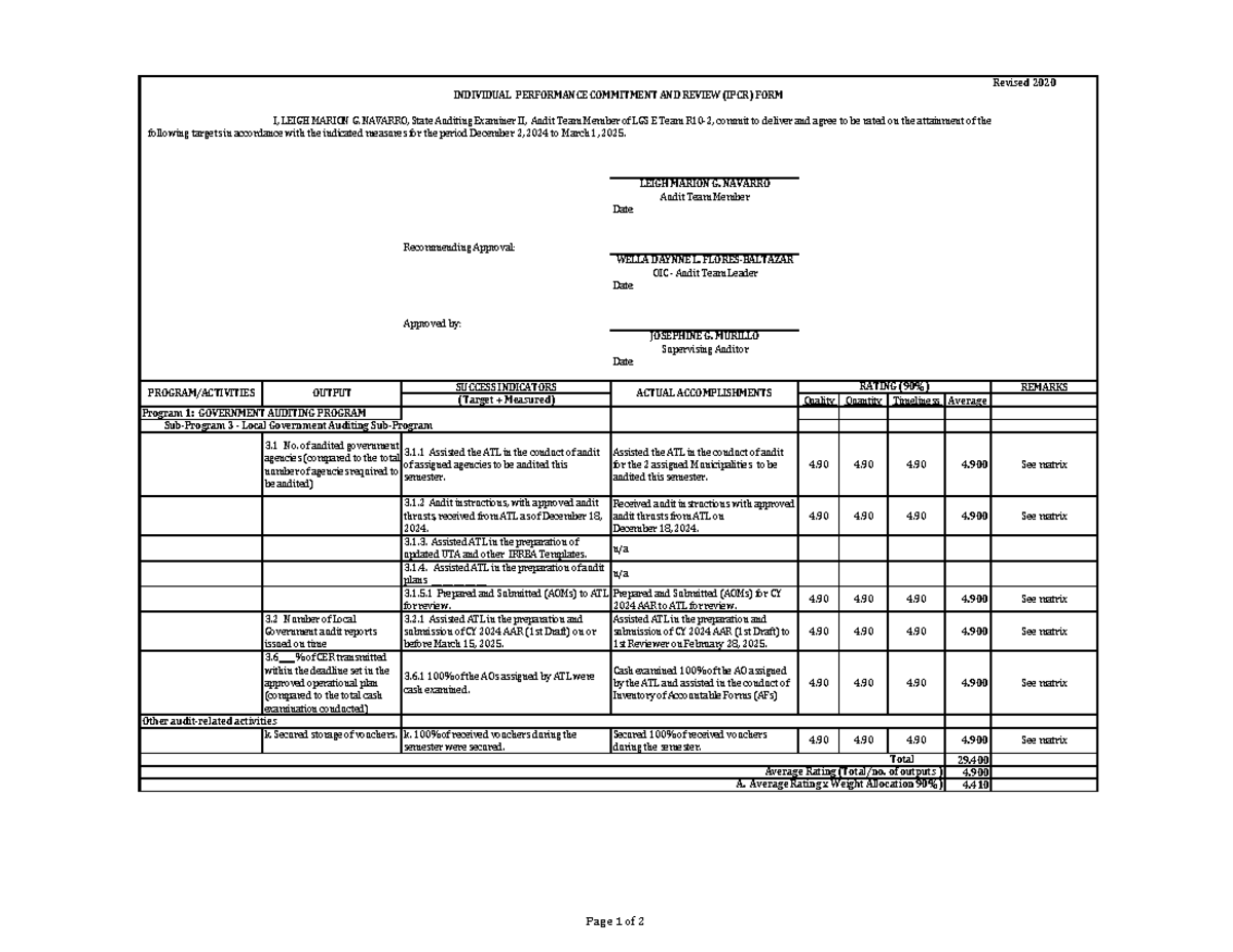 Revised IPCR Form I (Dec 2024 - Mar 2025) for LGS E Team - Studocu