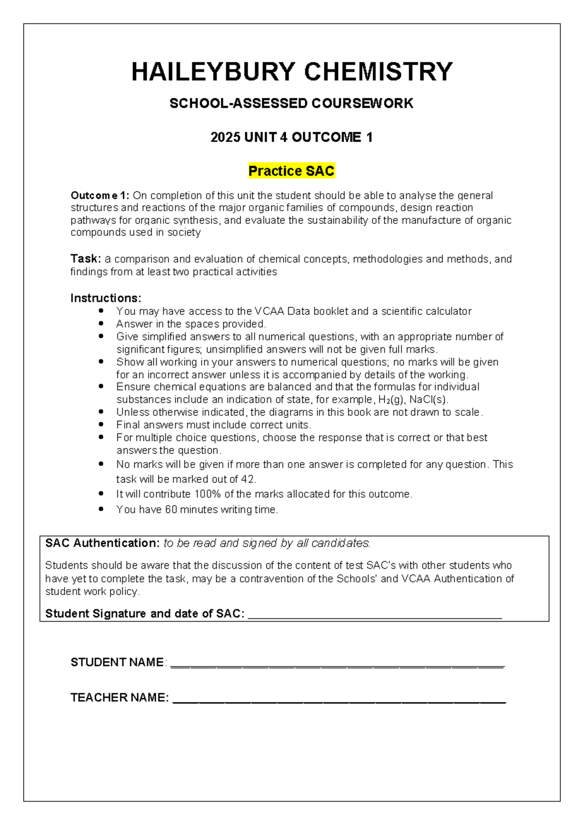 2025 CHEMISTRY UNIT 4 AOS 1 Practice SAC: Organic Compounds Analysis ...