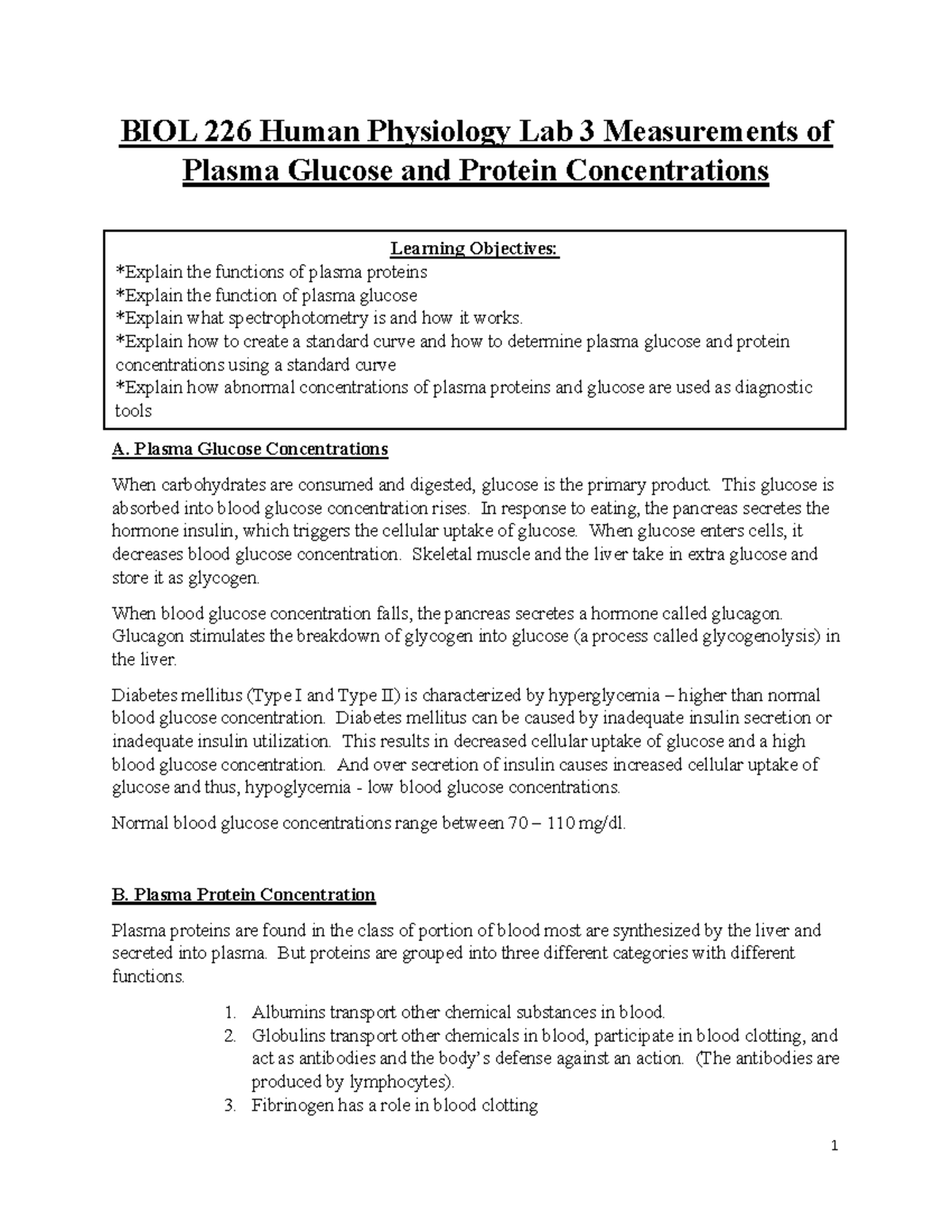 BIOL 226 Lab Report: Analyzing Plasma Glucose & Protein Levels - Studocu